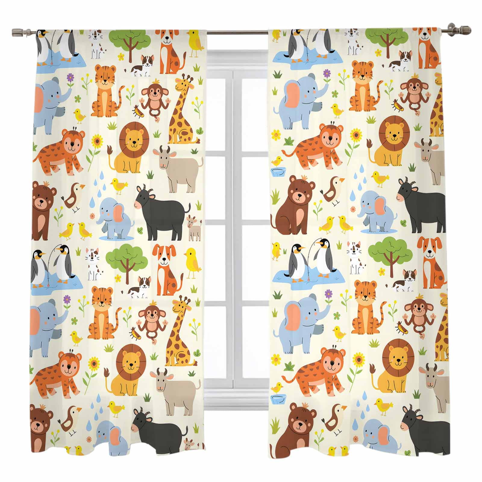 Tiger Lion Sheer Curtains 72 inches Long, Bird Cow Elephant Cartoon ...