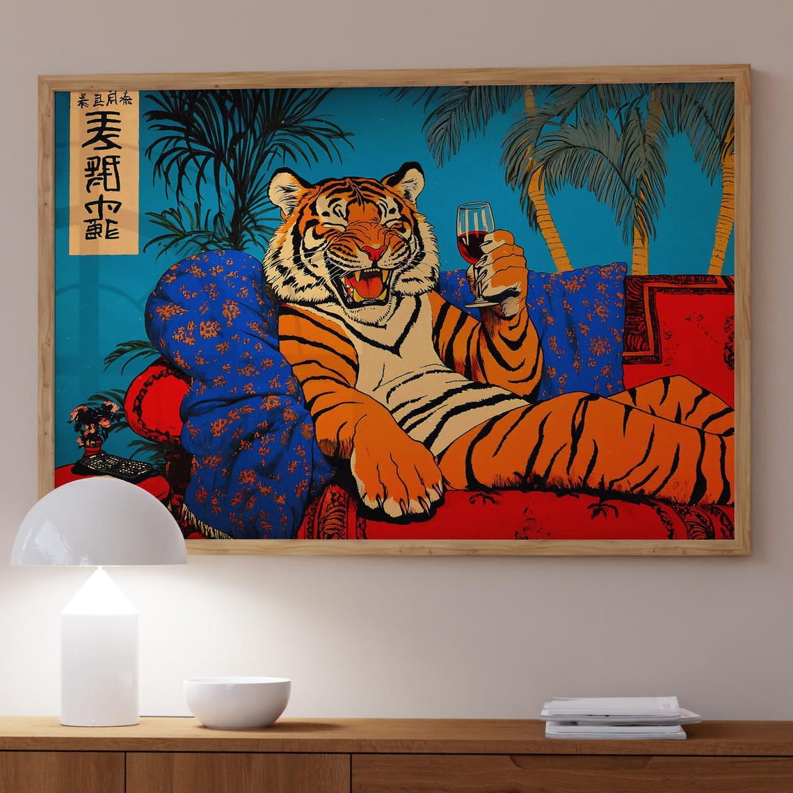 Tiger Lounge Art, Wine Poster, Retro Kitchen Decor, Eclectic Cat Art ...