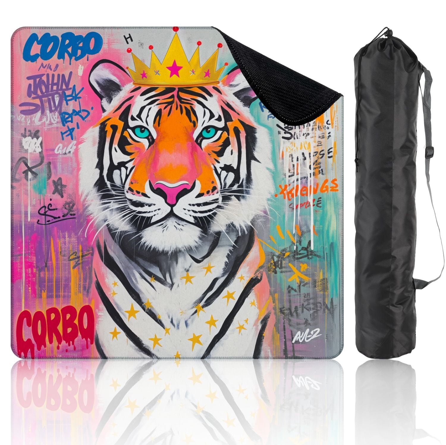Tiger Mahjong Mat 31.5" x 31.5" Colorful Graffiti Tiger Crown Stars ...