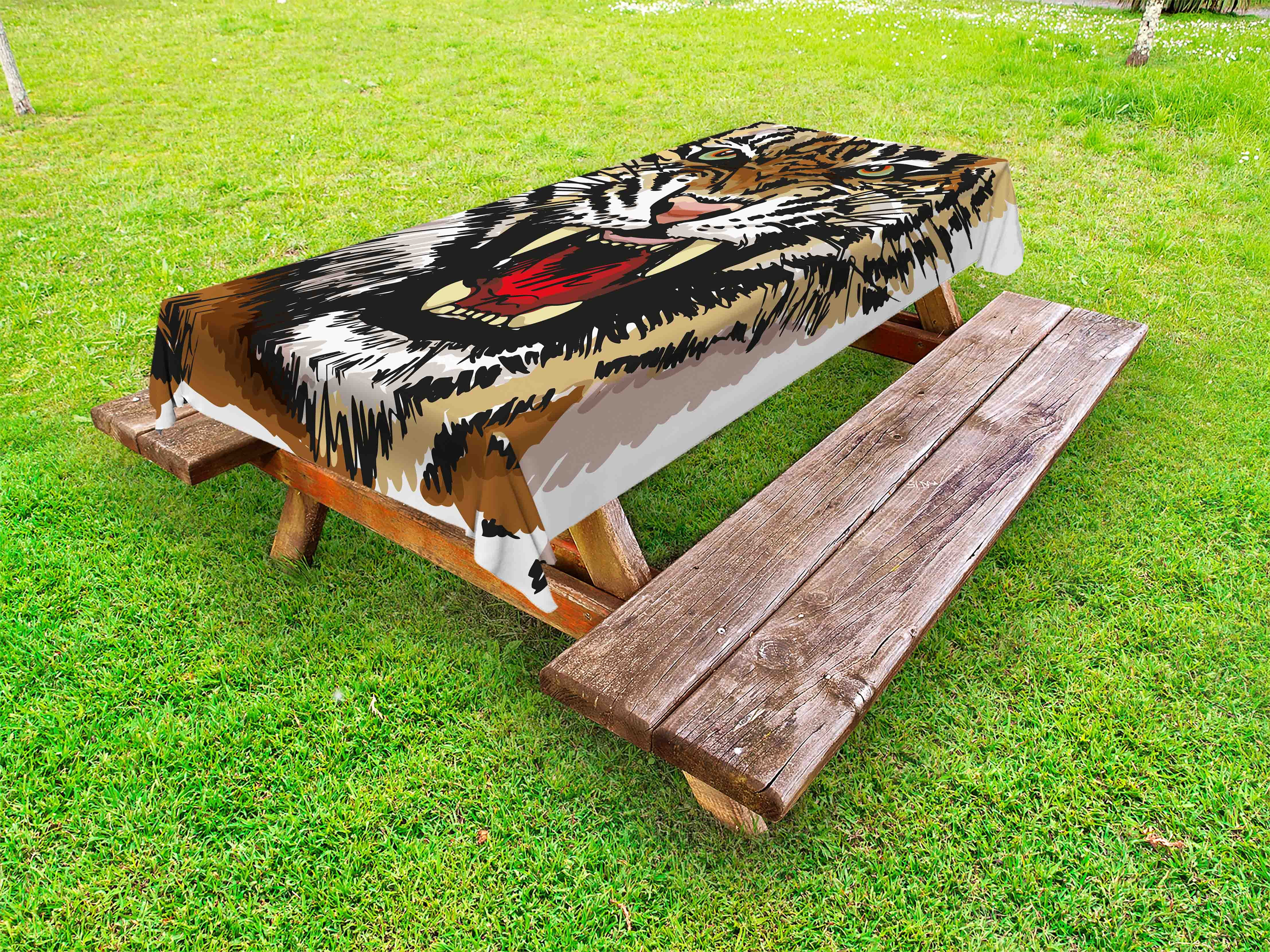 Tiger Outdoor Tablecloth, Digital Drawing of Large Feline Sketch Style ...
