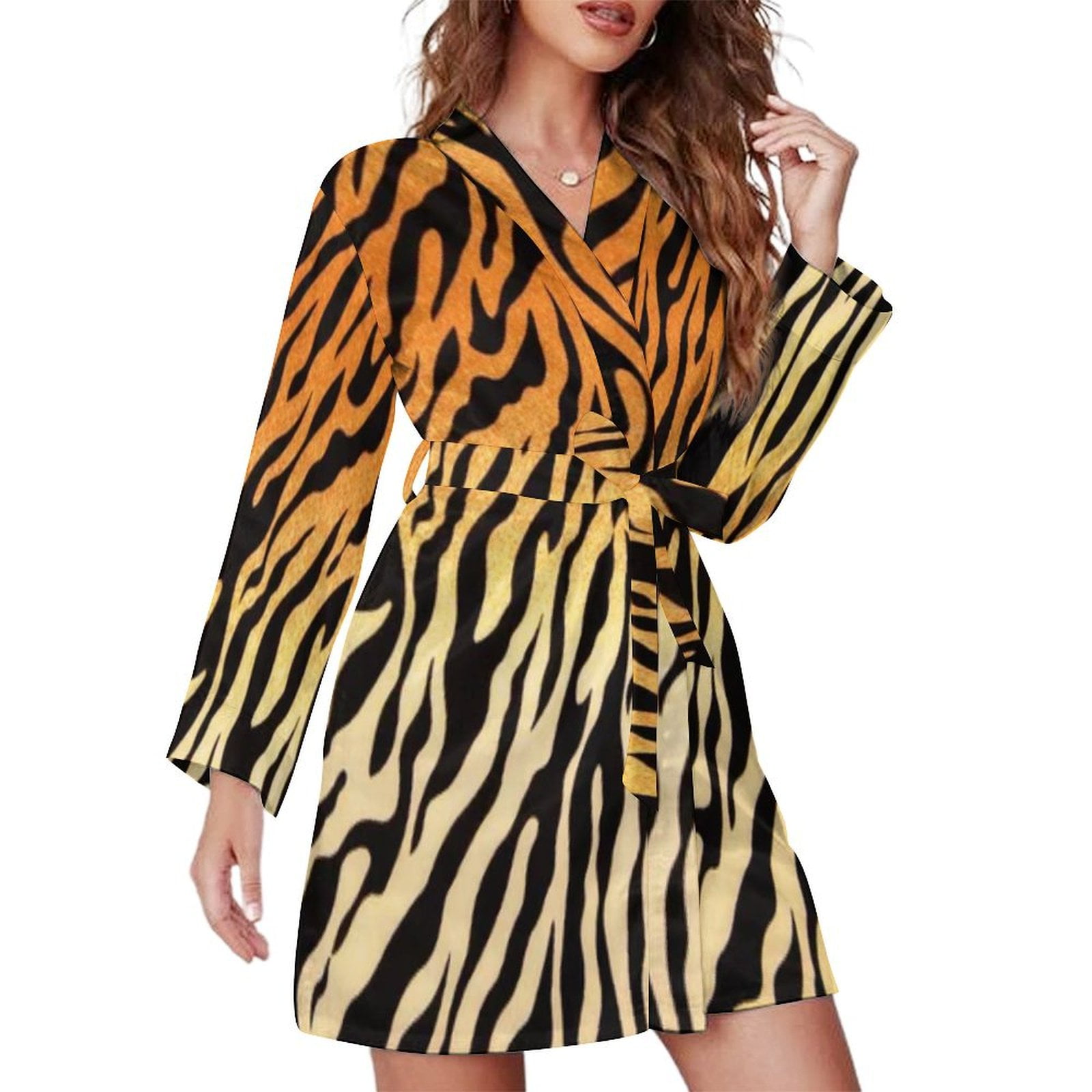 Tiger Pattern Night Robe Long Sleeve V Neck Robe With Belt Women's ...