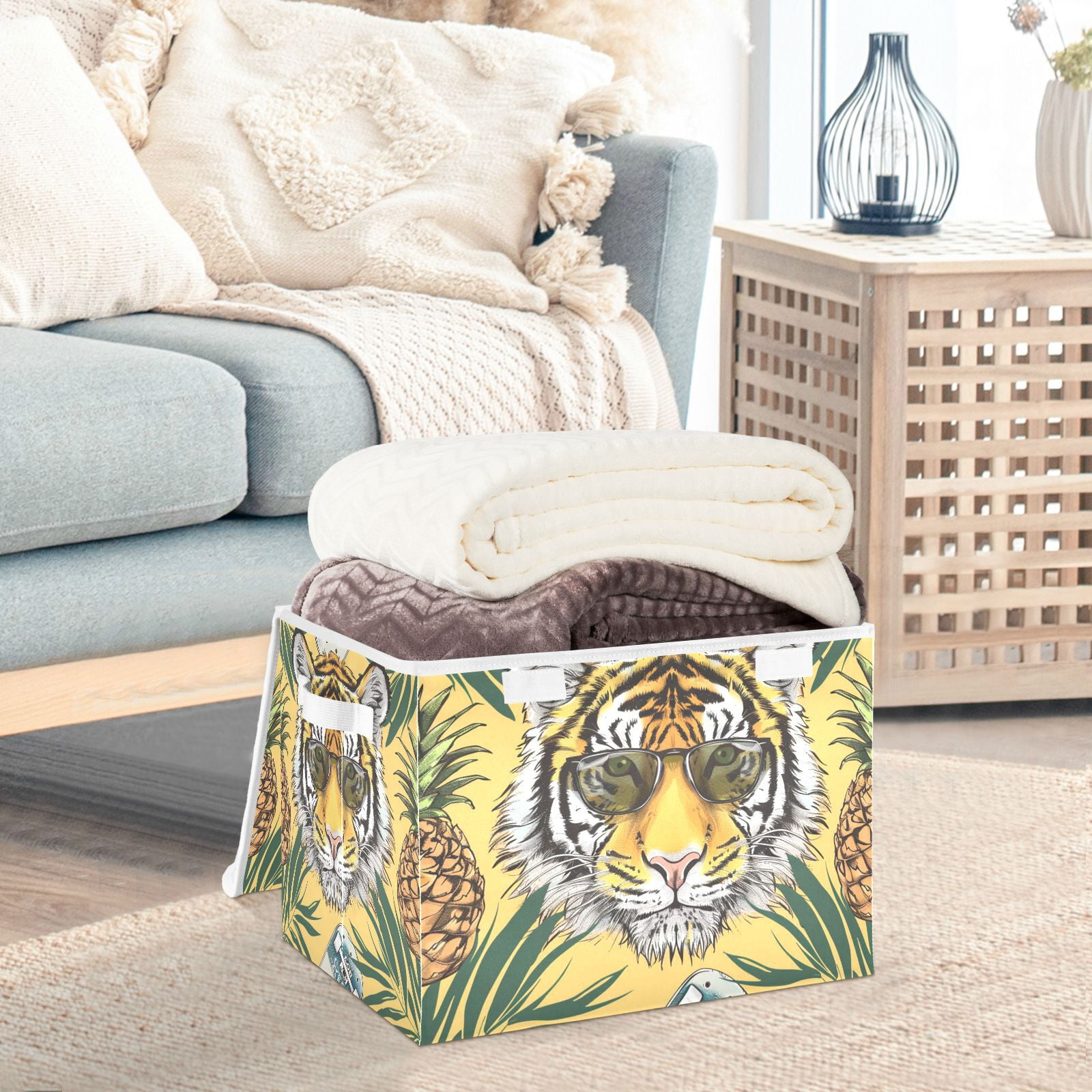 Tiger Pineapples Leaves Skateboard Storage Basket Foldable Laundry ...