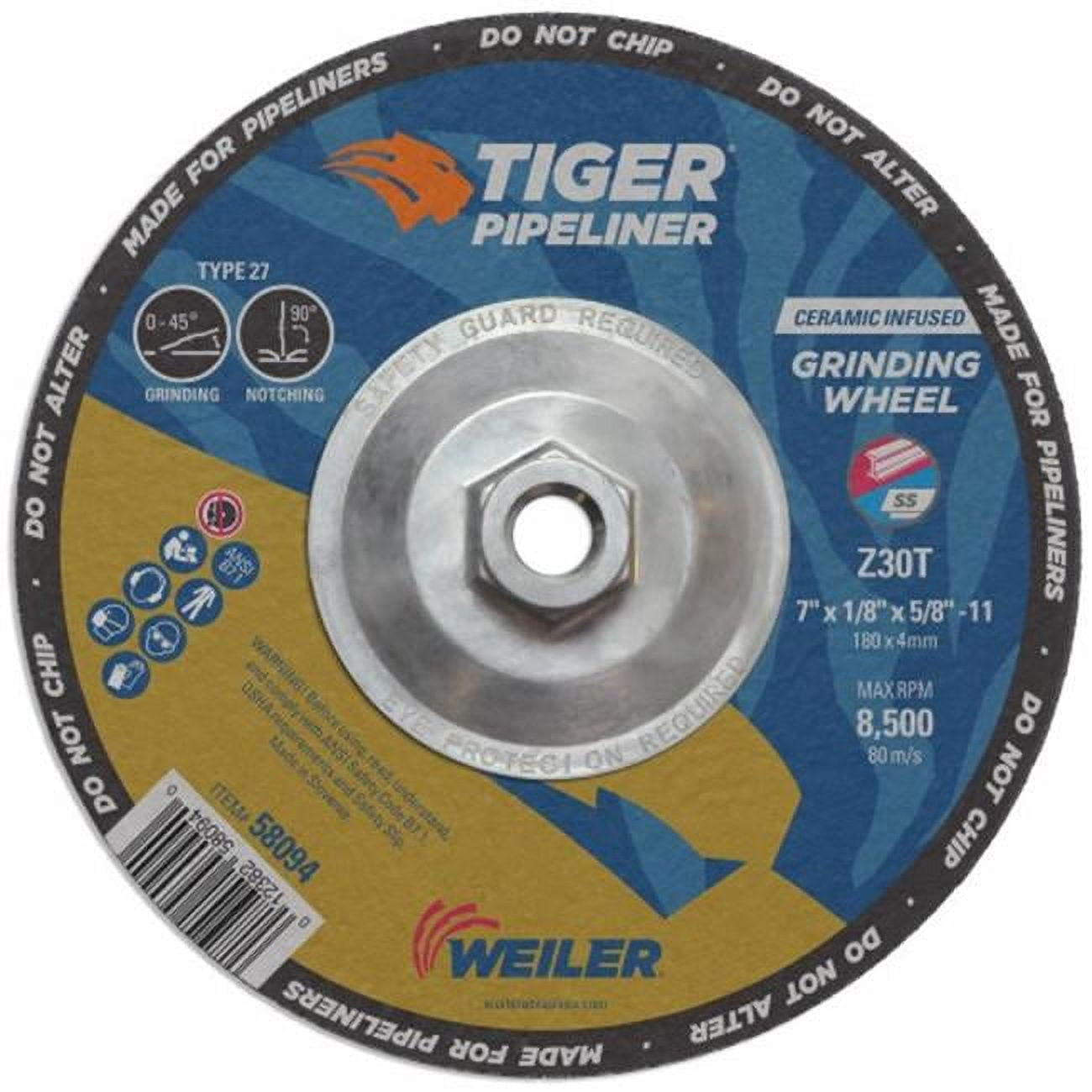 Tiger® Pipeliner Grinding Wheel, 7 in dia X 1/8 in Thick x 5/8 in-11 ...
