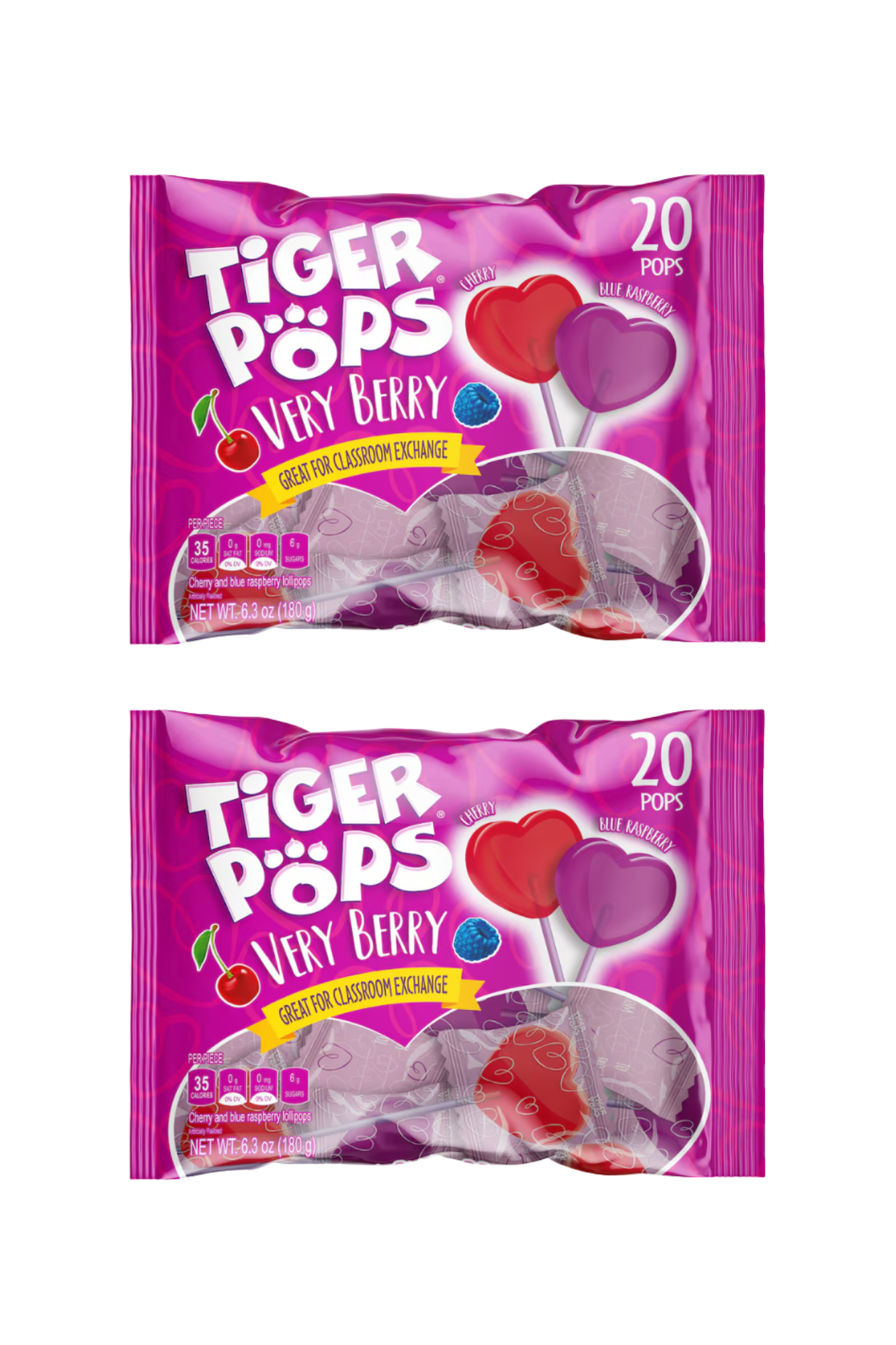 Tiger Pops Very Berry Lollipops, Cherry & Blue Raspberry, 20 Count per ...