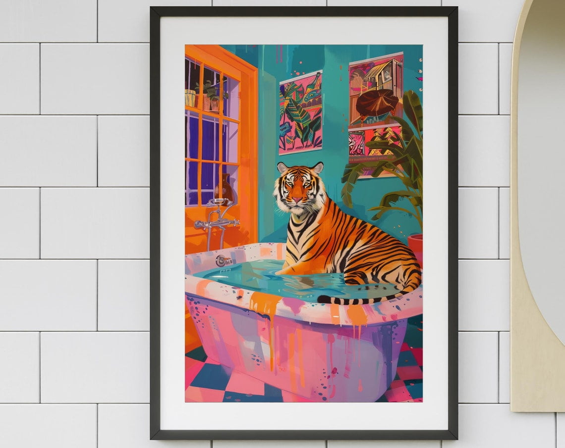 Tiger Poster, Bathroom Wall Art, Tiger In A Bath Print, Maximalist ...