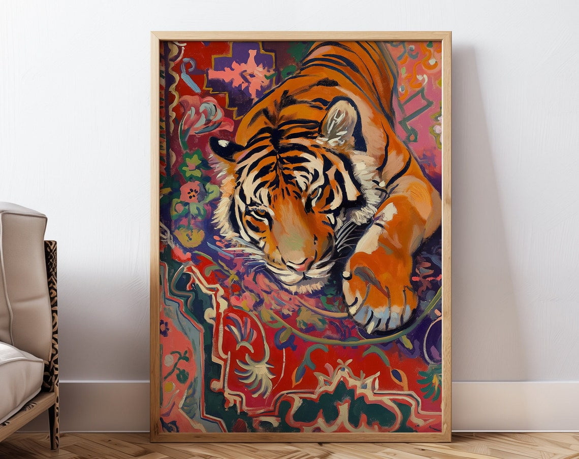 Tiger Poster Maximalist Wall Decor Tiger On Marrocan Rug Wall Decor Eclectic Painting Vintage ...