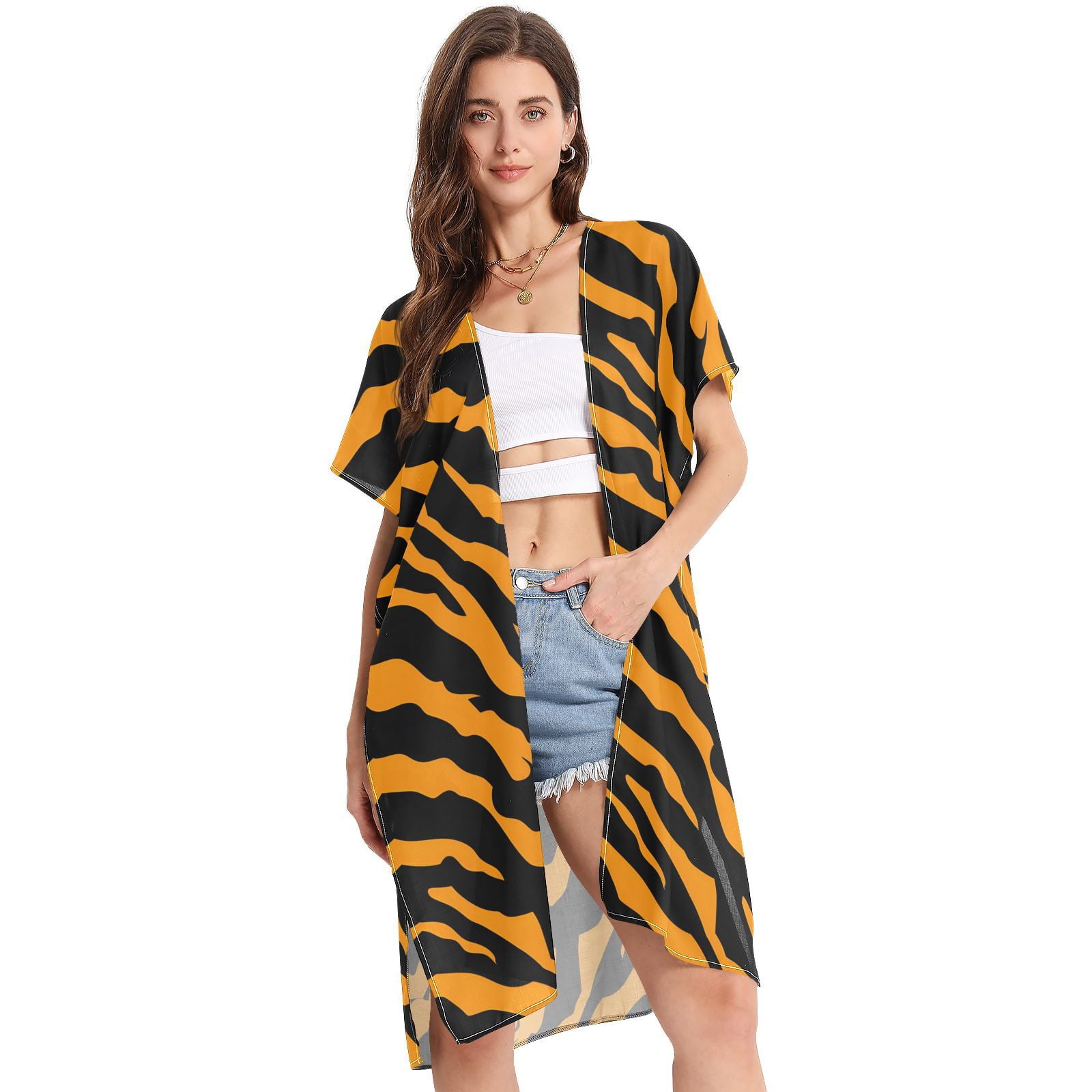 Tiger Print Background Women Swimsuit Cover up V Neck Beach Dress Short ...