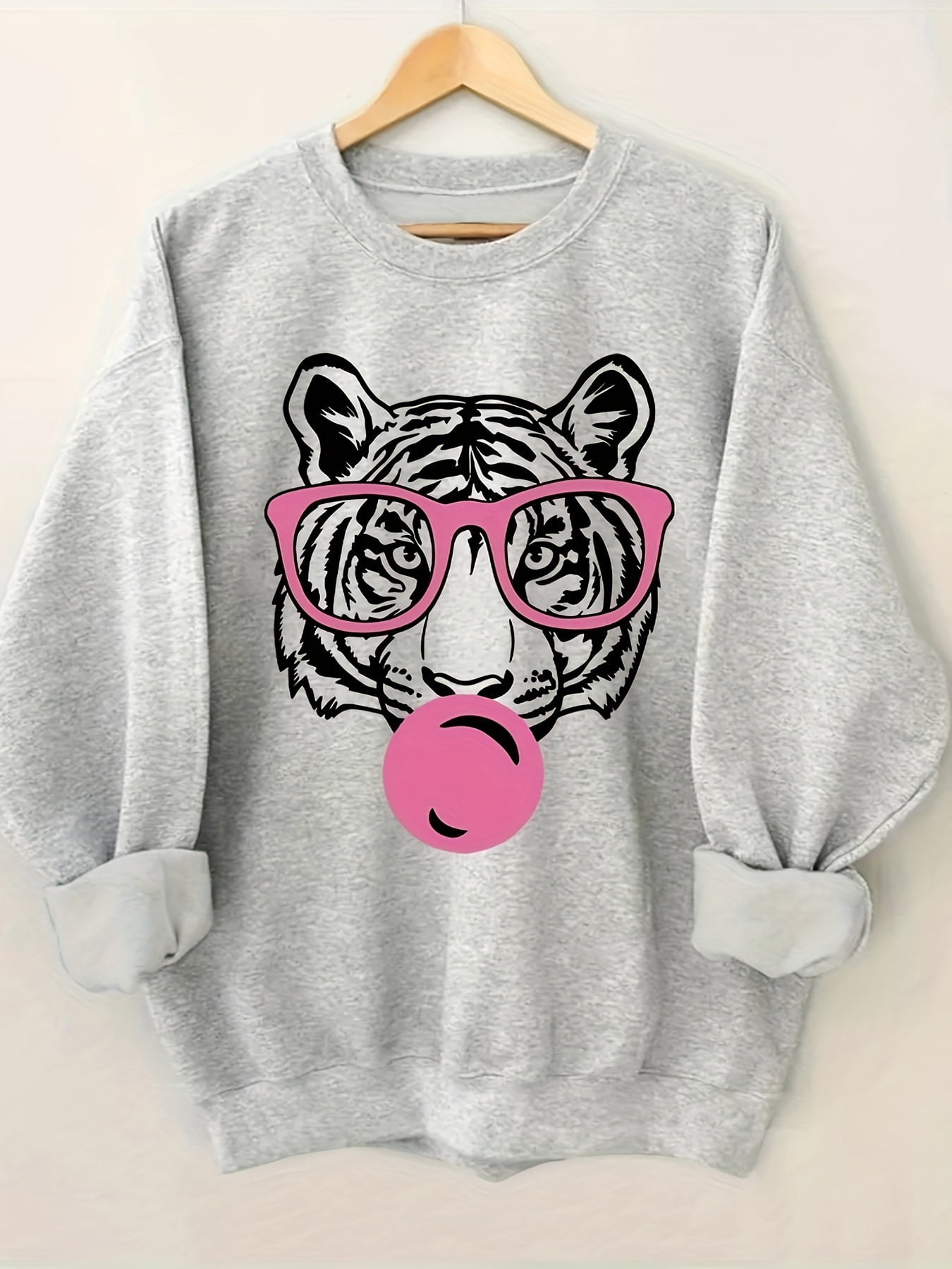 Tiger Print Long Sleeve Sweatshirt, Crew Neck Casual Sweatshirt For ...