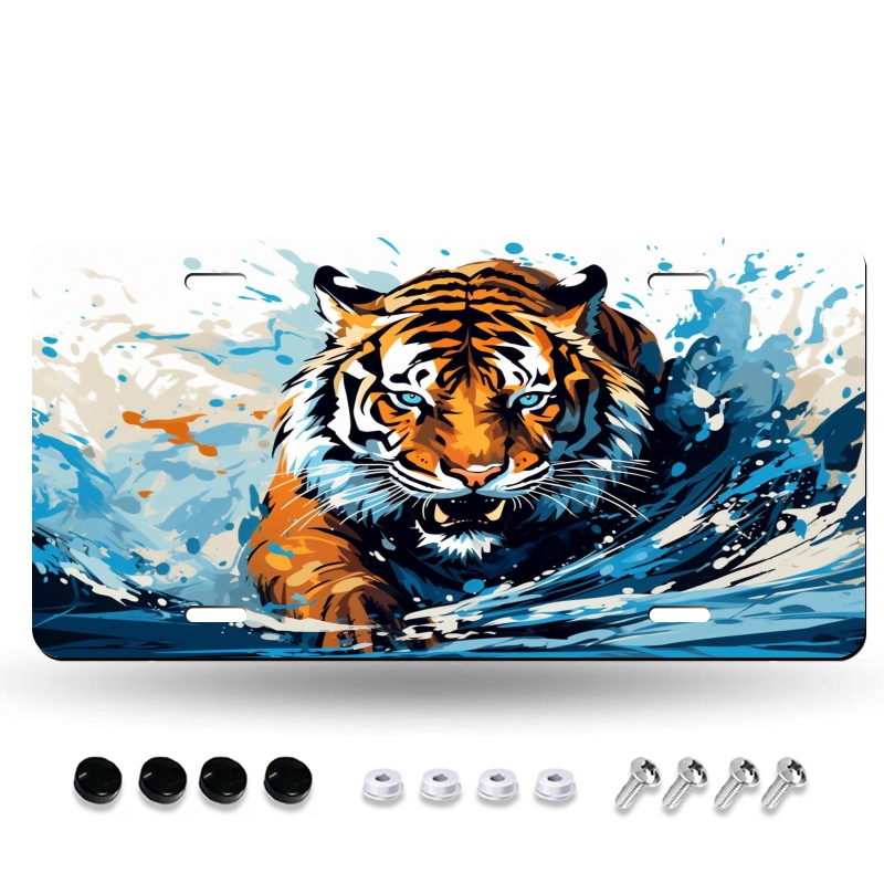 Tiger Prowling Through Water Splashes License Plate Frame, Decorative ...