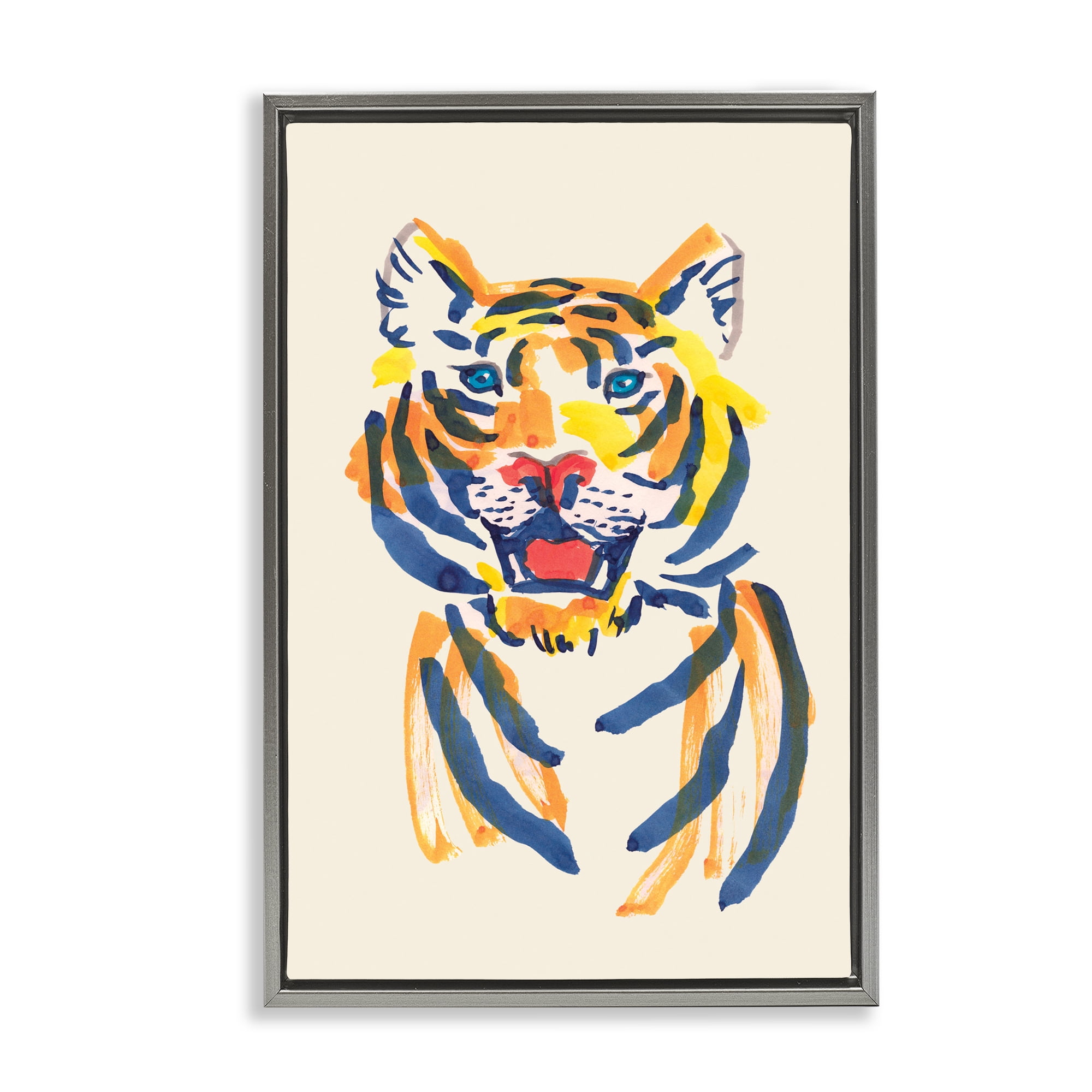 Tiger Roar Watercolor Gray Framed Floater Canvas Wall Art, design by ...