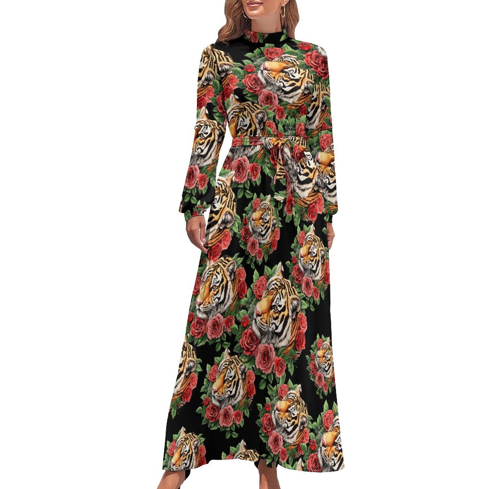 Tiger Roses And Green Leaves Women's Fall Maxi Dress Long Sleeve ...