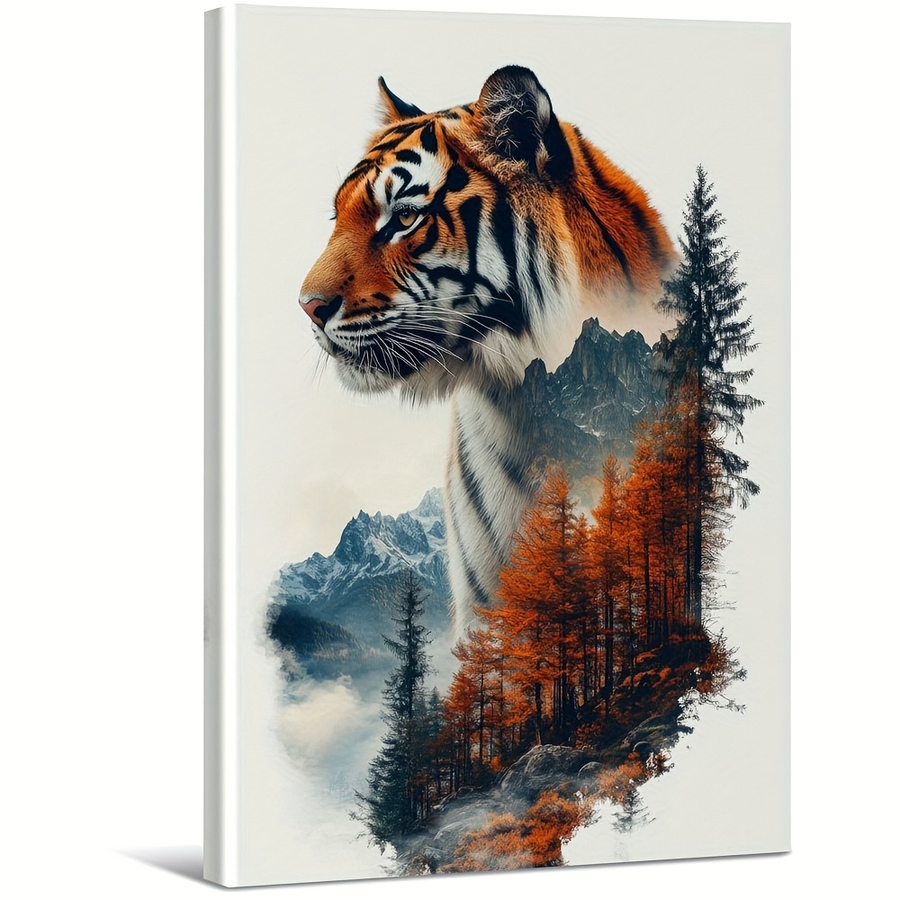 Tiger'S Head Superimposed On Forest Landscape. Large Wooden Framed Wall ...