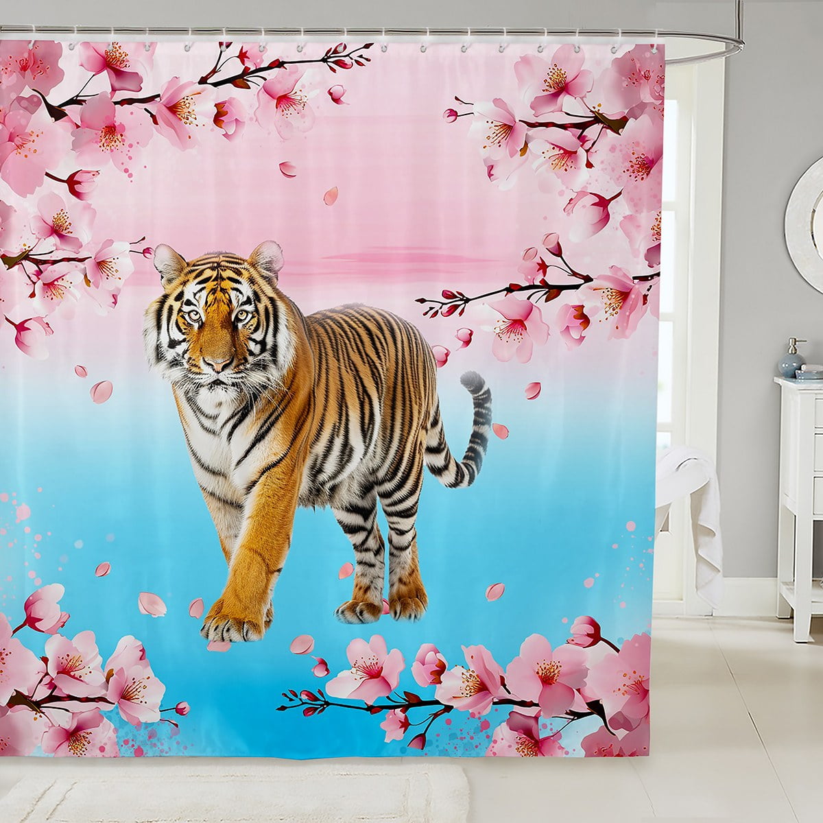 Tiger Shower Curtain African Safari Animals Bath Curtain,Cherry Blossom ...