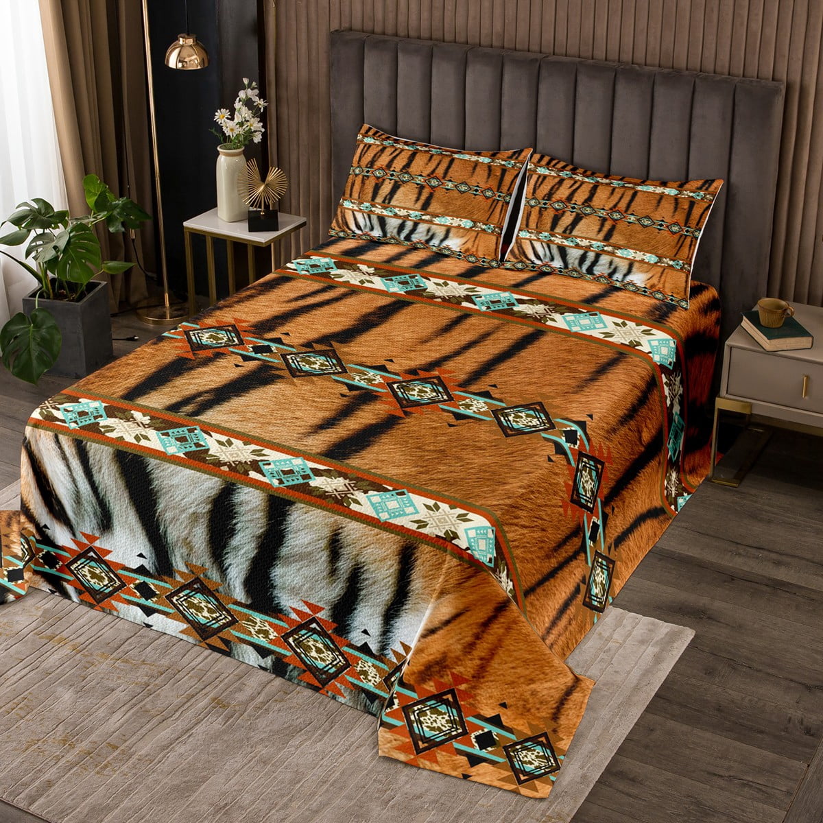 Tiger Skin Bedspread Set Wild Animal Hide Quilt Set Exotic Tribe ...