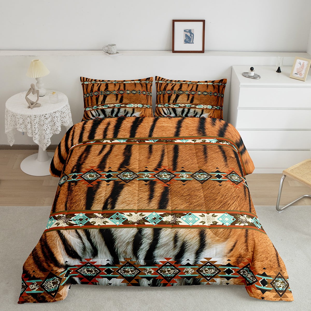 Tiger Skin Comforter Set Wild Animal Hide Bedding Set Exotic Tribe Southwestern Native Aztec ...