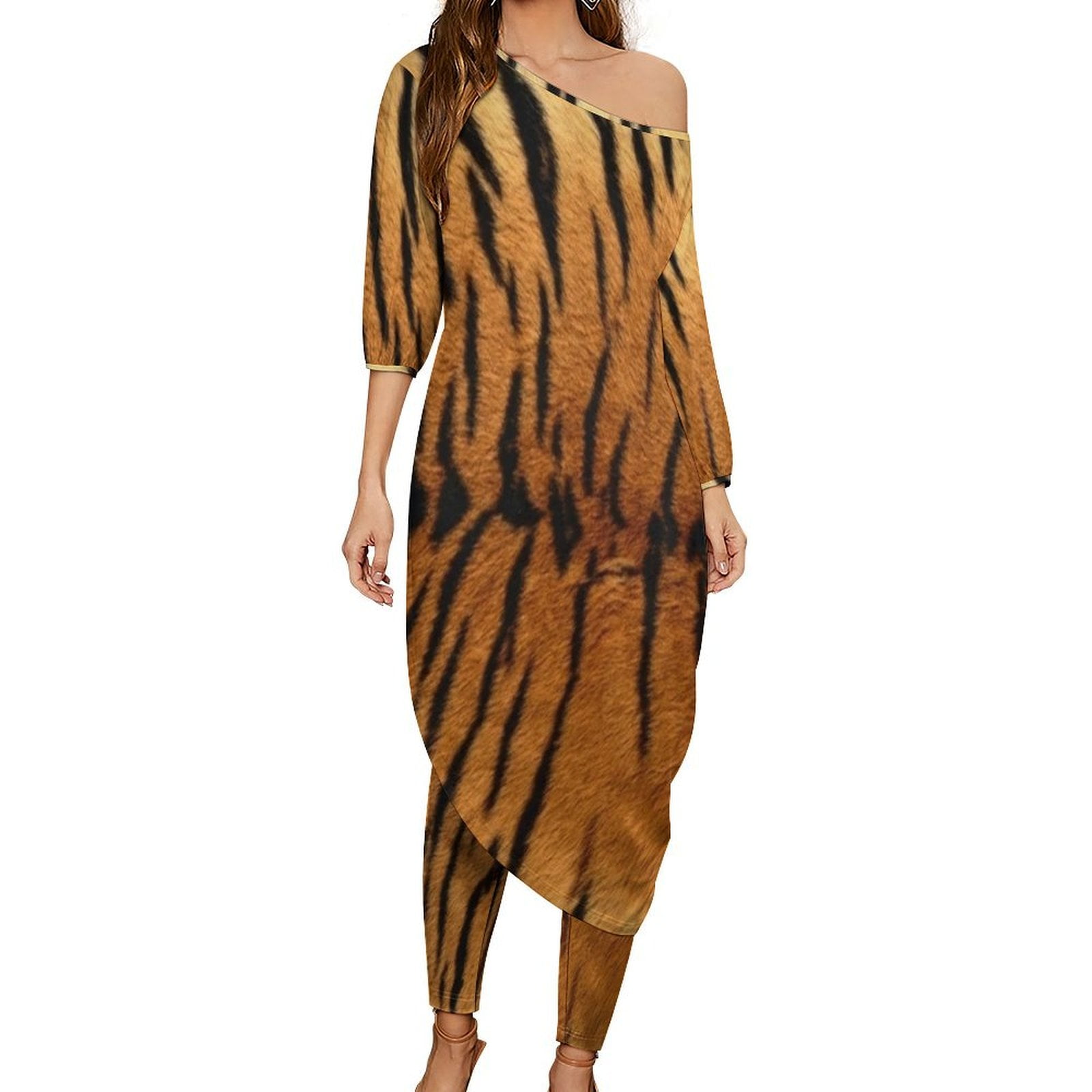 Tiger Skin Texture Elegant Casual Diagonal Shoulder 2PCS Set Top+Pant ...