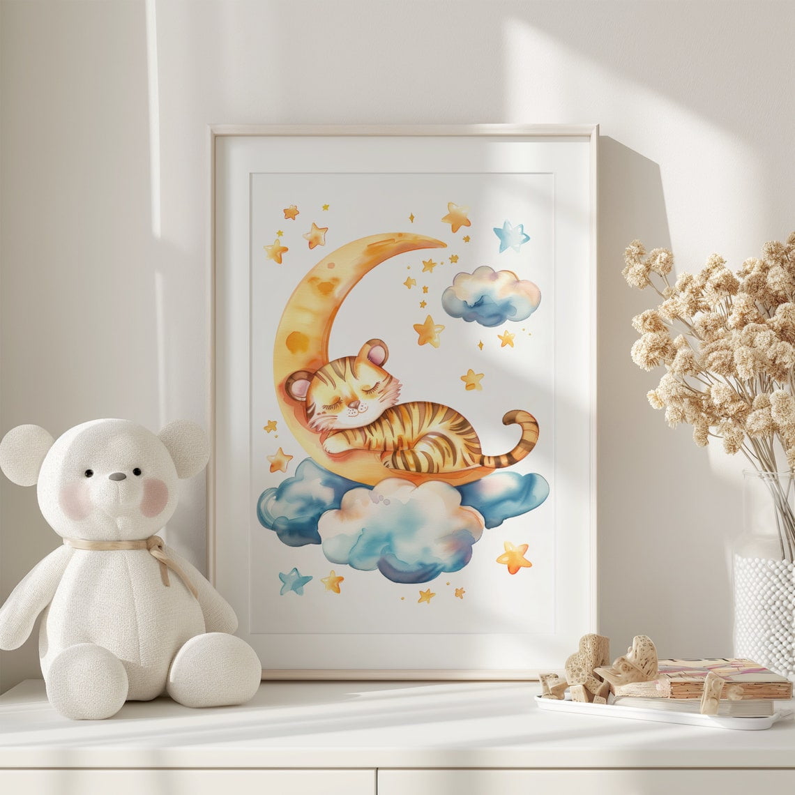 Tiger Sleepy Moon Nursery Decor, Cute Baby Tiger Kids Room Wall Art ...