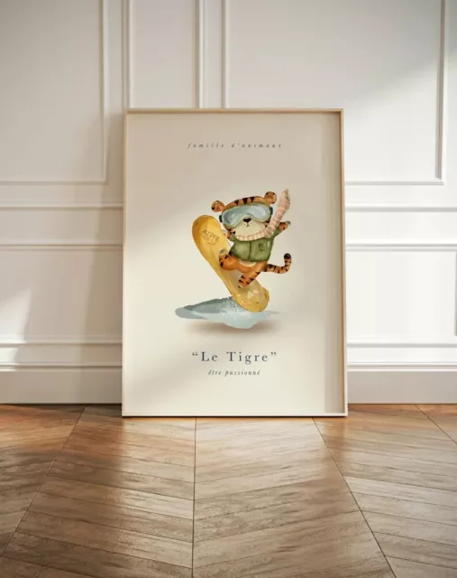 Tiger Snowboarding, Funny Animal Poster, Tiger Print, Kids Room Wall ...