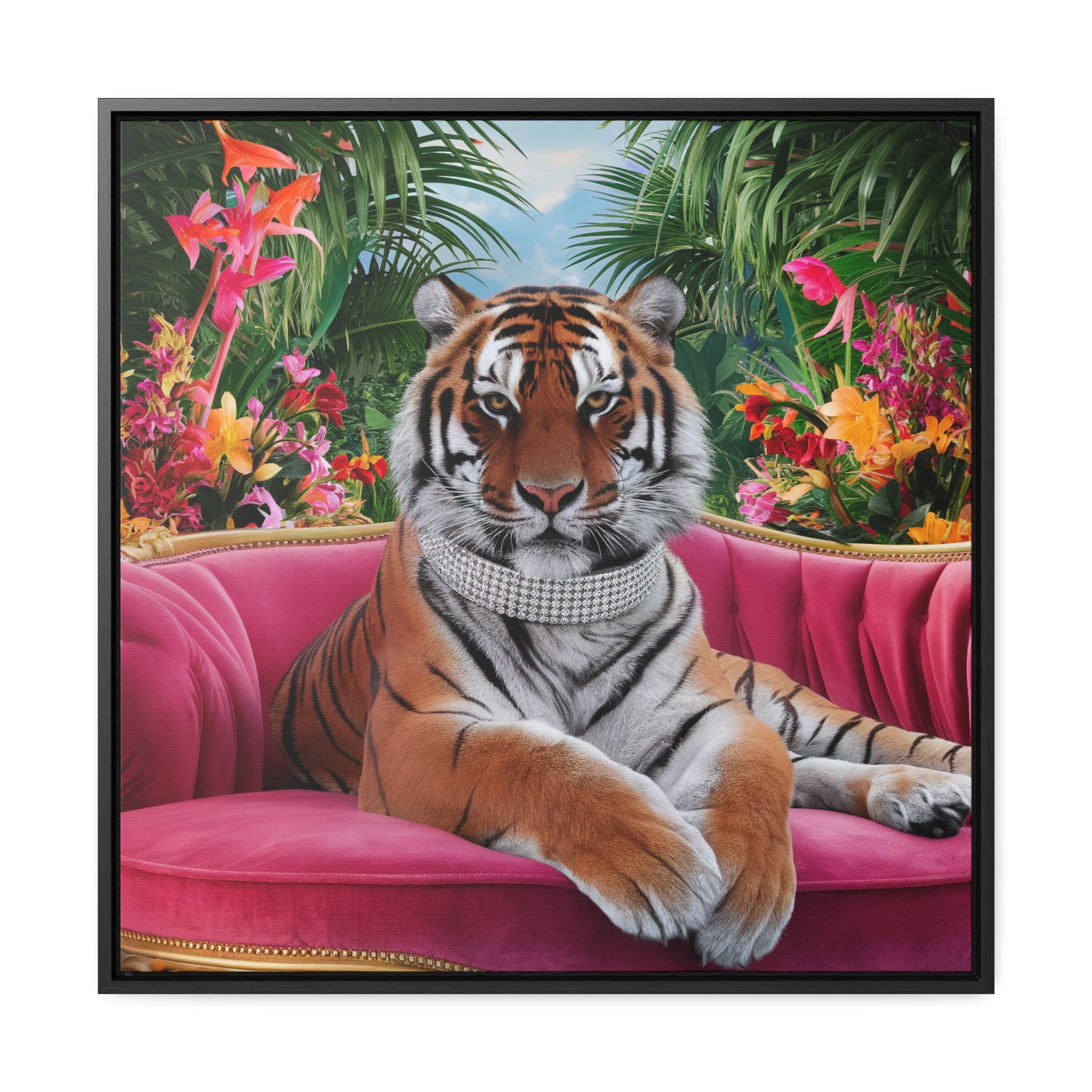 Tiger Square Canvas Wrap Wall Art, Majestic Tropical Flowers Regal ...