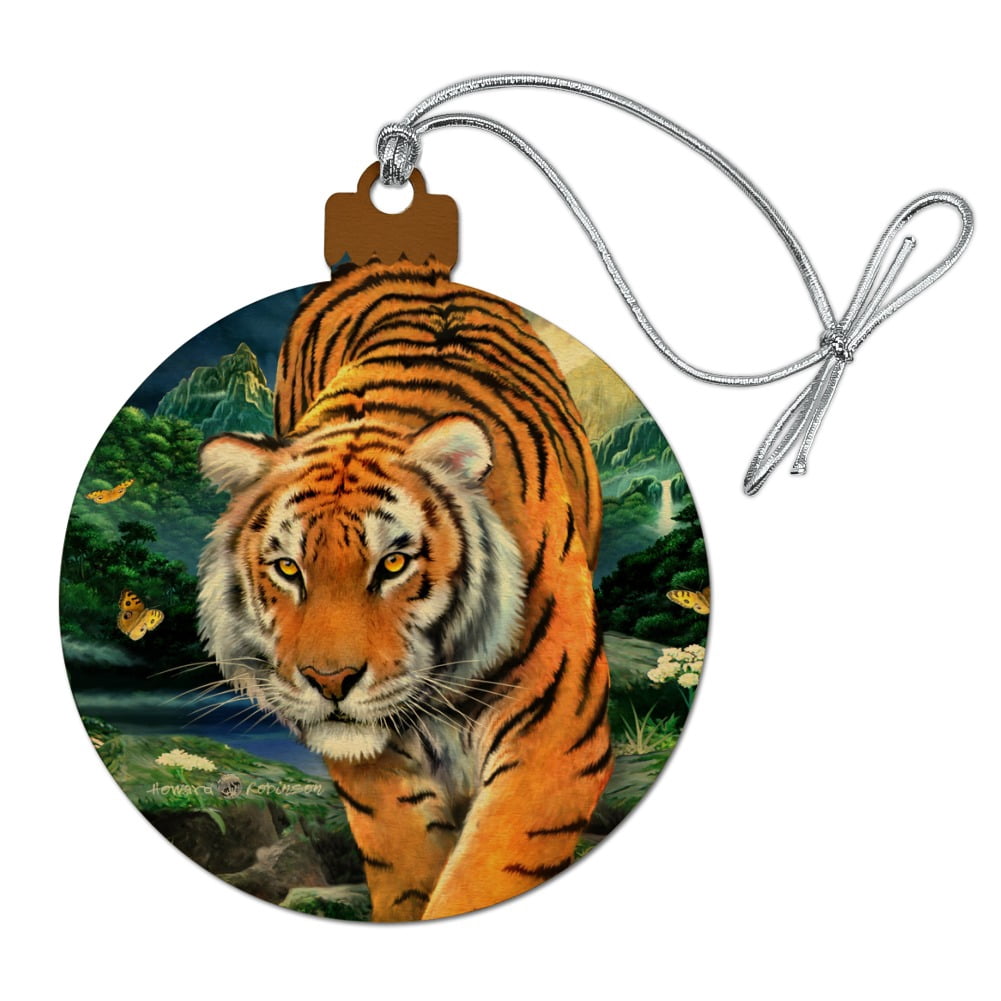 Tiger Stalking at Sunset Butterflies Wood Christmas Tree Holiday ...