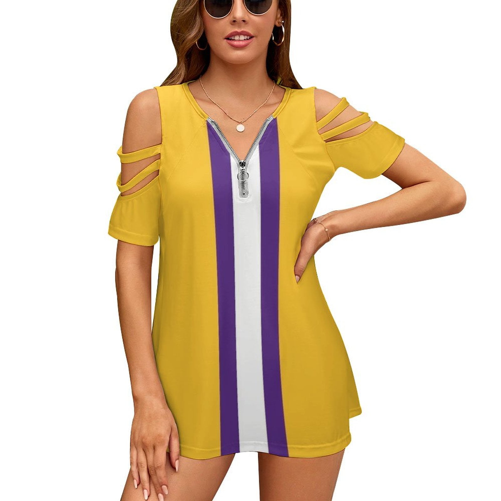 Tiger Stripe New Fashion Zip Off Shoulder Top Short-Sleeve Women Shirt ...