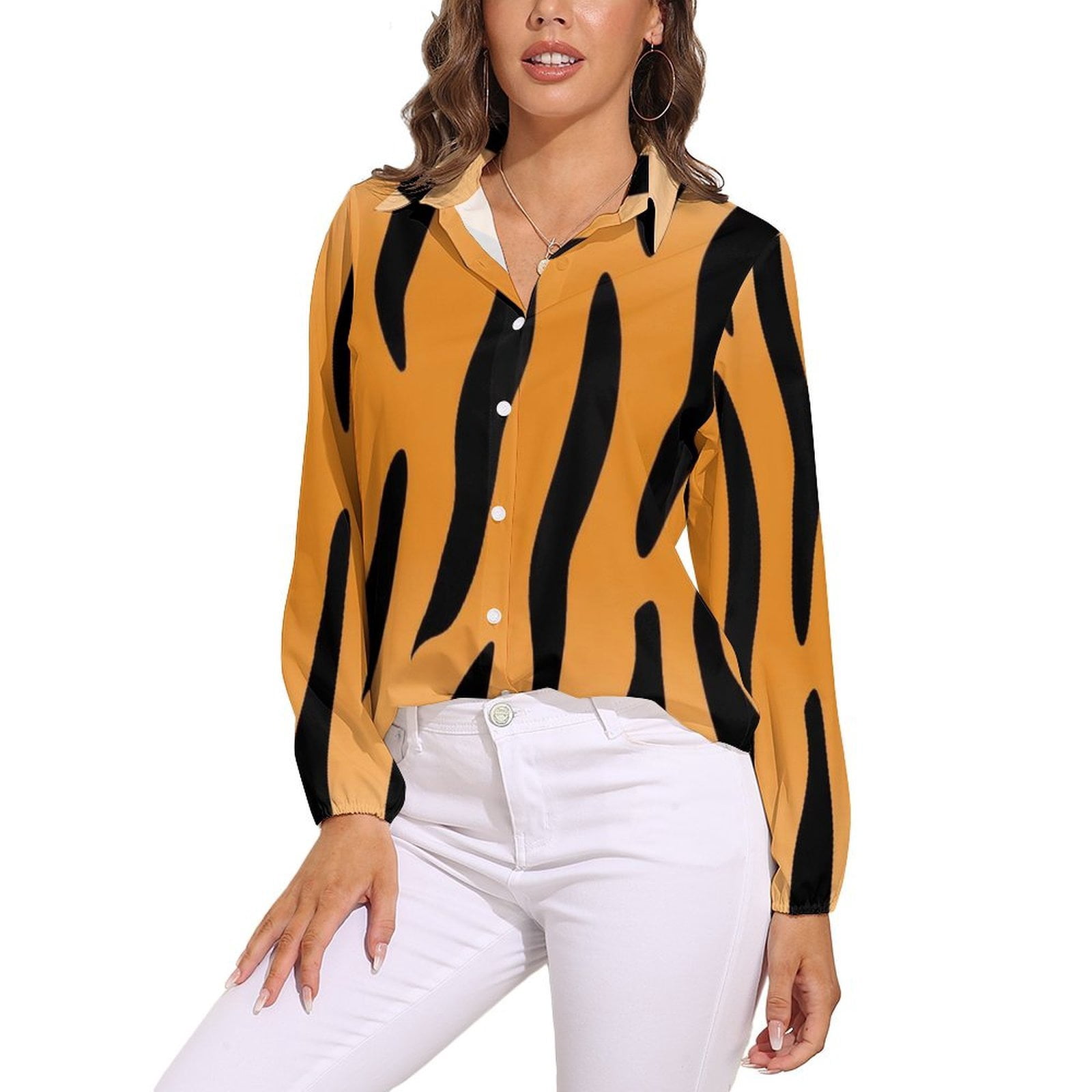 Tiger Stripe Print Pattern-1-2 Vntage Casual Long Sleeve Shirt Blouse ...
