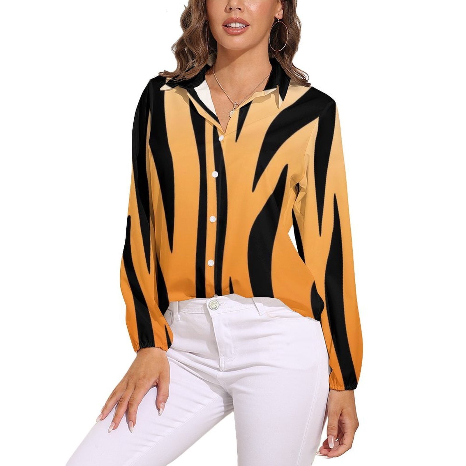 Tiger Stripe Print Pattern-2-1 Vntage Casual Long Sleeve Shirt Blouse ...