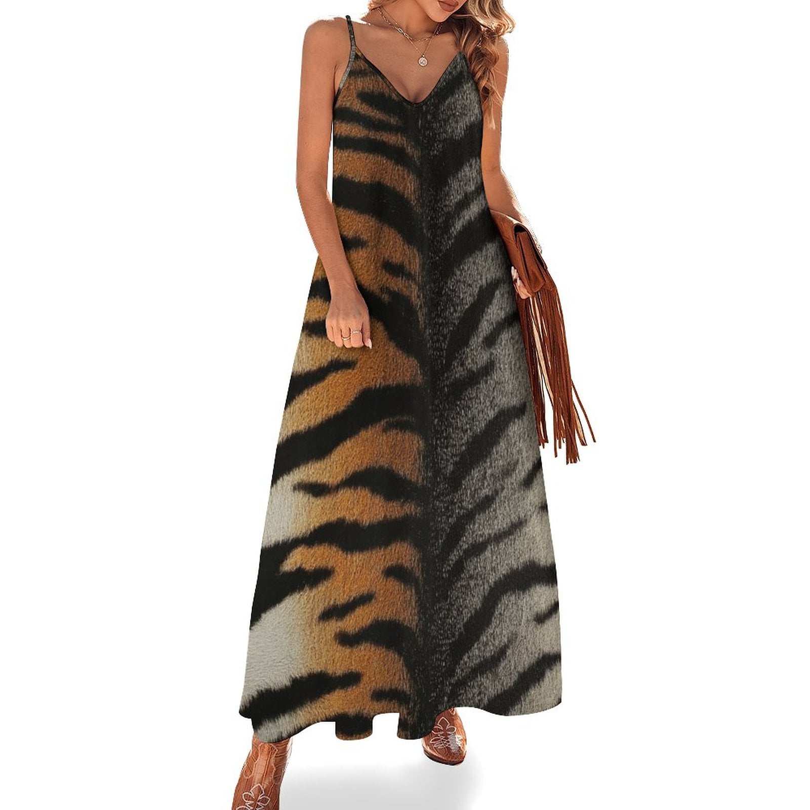 Tiger Stripes Furry Seamless Texture Sleeveless Dress Loose Women's ...