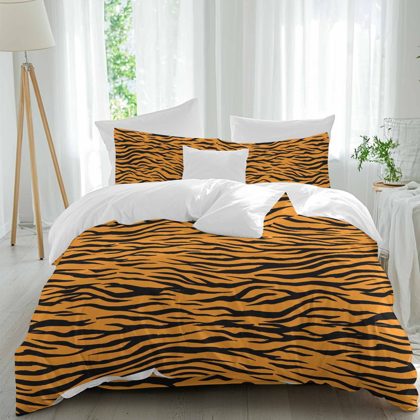 Tiger Stripes Queen Size Comforter Set, Orange Color Blocks Animals ...