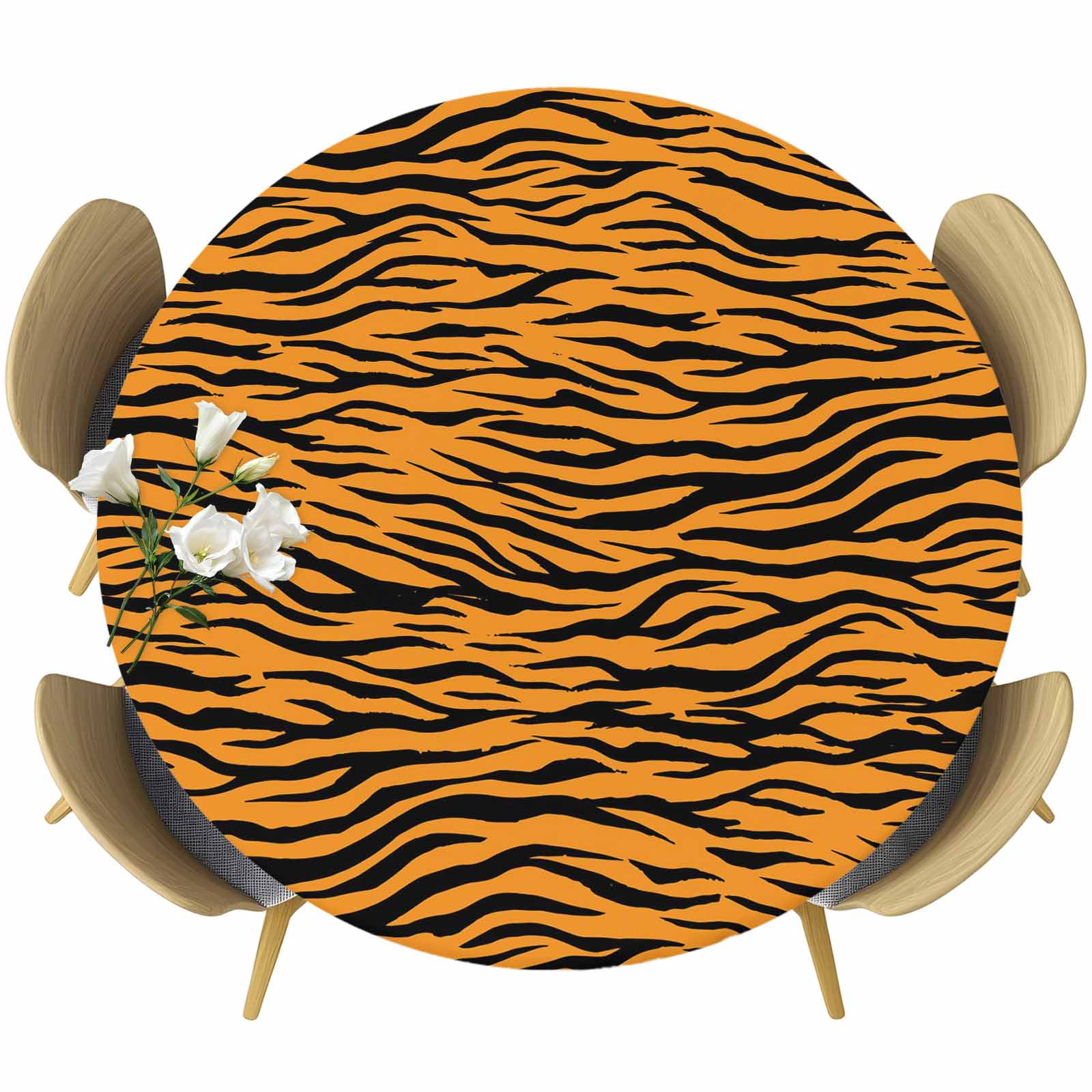 Tiger Stripes Round Fitted Tablecloth with Elastic Edge, Orange Color ...