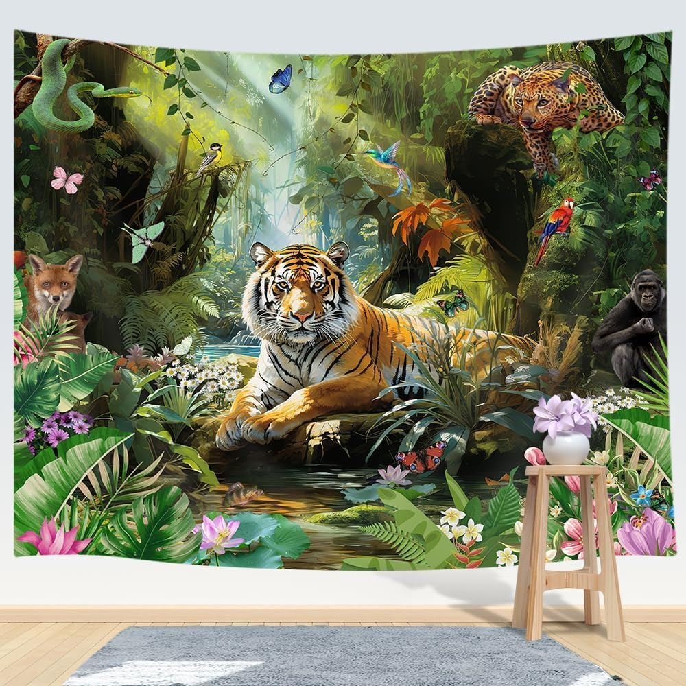 Tiger Tapestry, Jungle Tapestry Wall Hanging, Forest Animal in Tropical ...