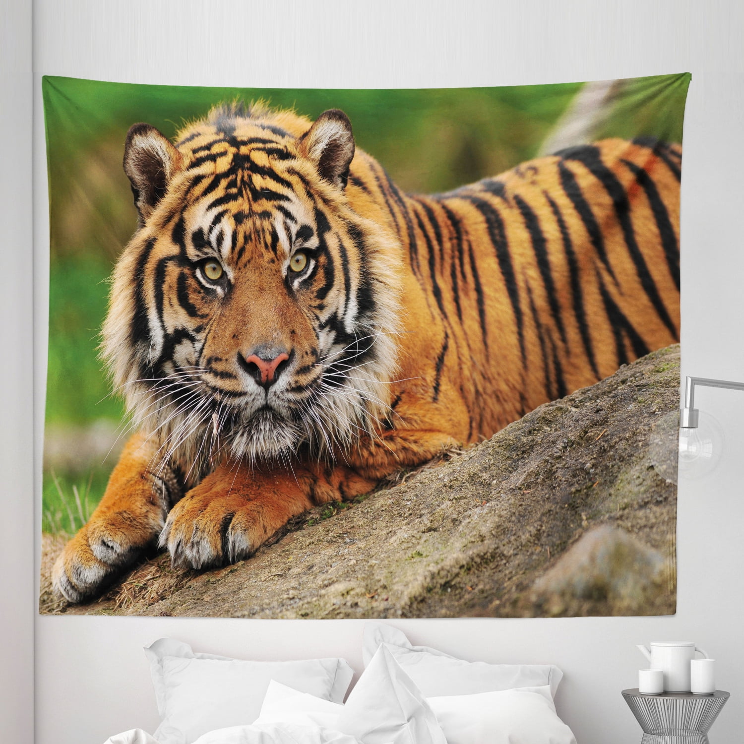 Tiger Tapestry, Noble Beast Crouching on a Rock Sumatrian Large Cat ...