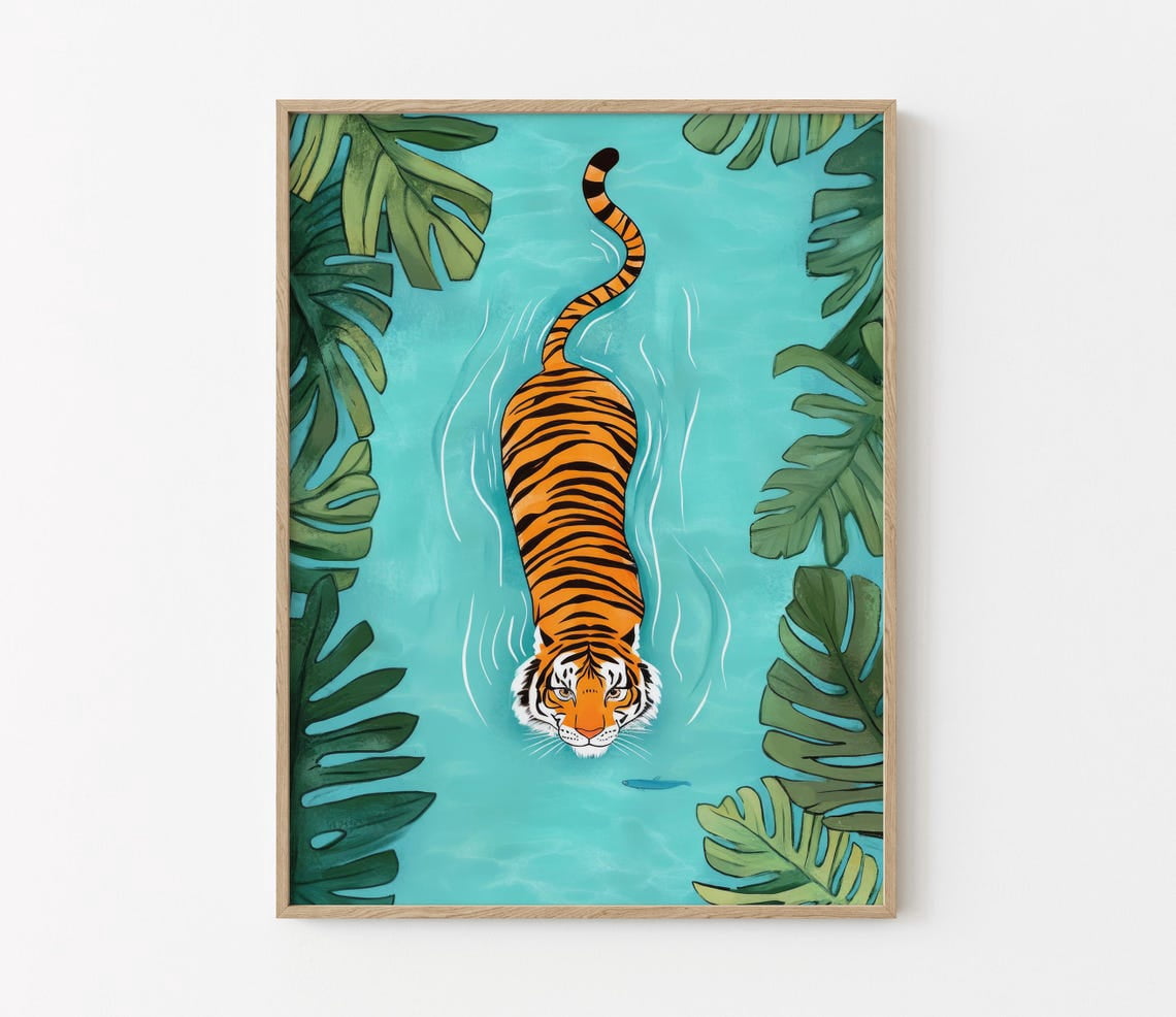 Tiger Walking In River Oil Painting Print, Animal Wall Art, Safari ...
