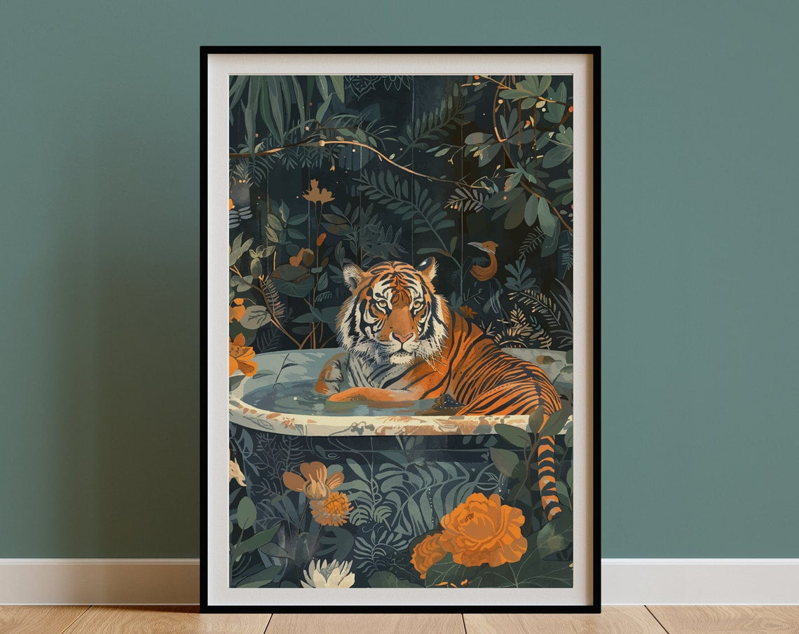 Tiger Wall Art, Boho Jungle Animal Bathtub Print, Balinese Decor ...