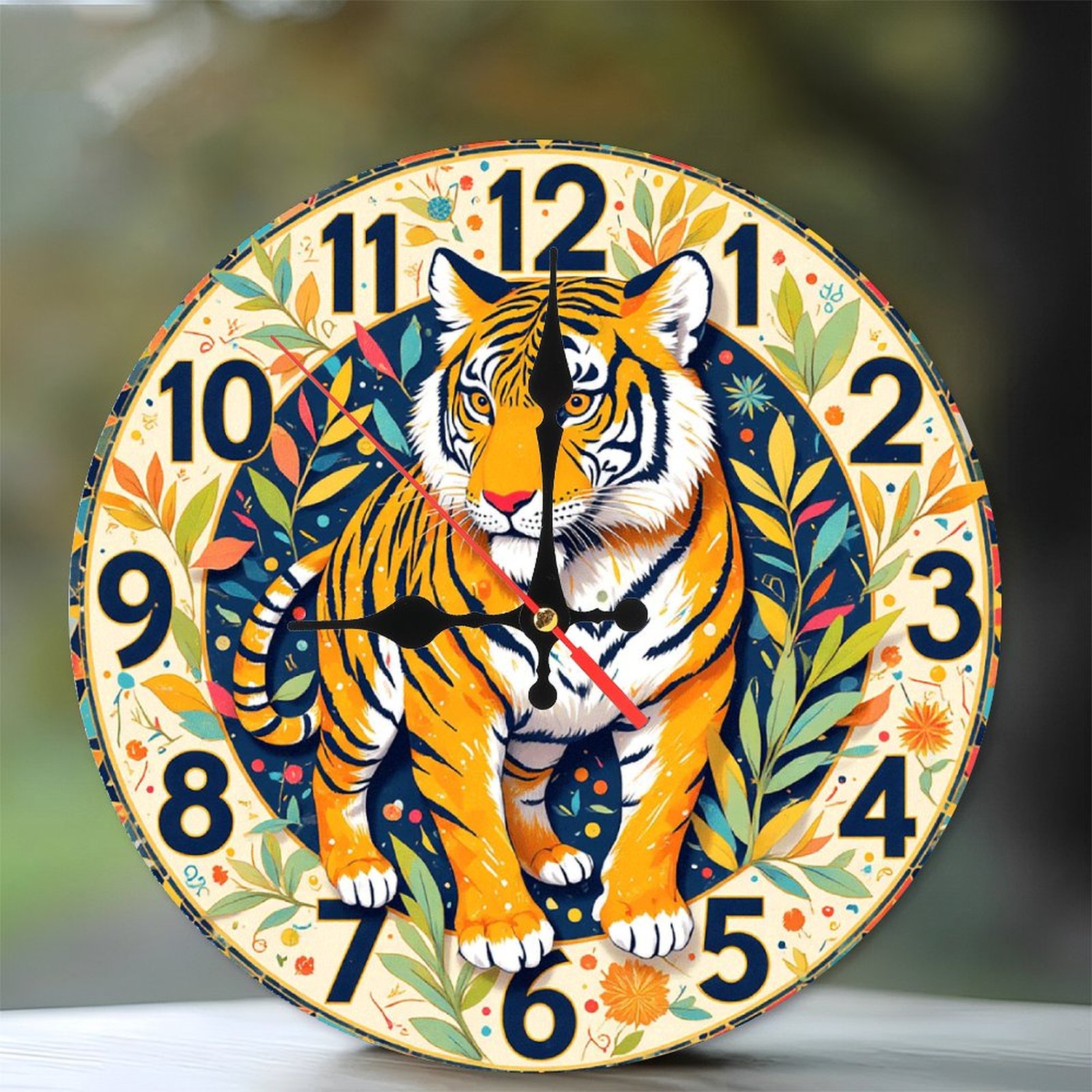 Tiger Wall Clock Decorative Art with Floral Design 10-Inch Silent ...