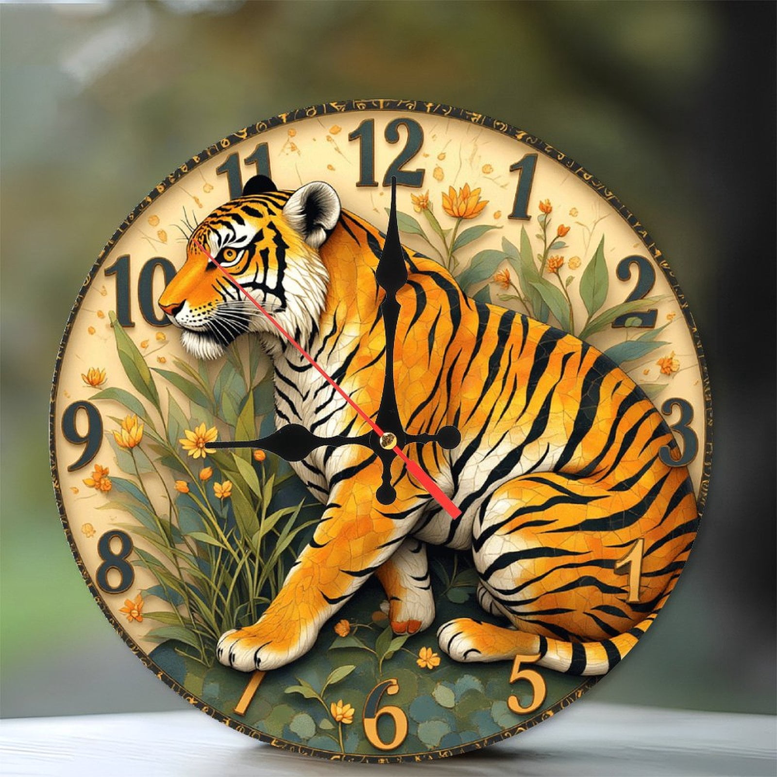 Tiger Wall Clock with Floral Design for Home Decor 10-Inch Silent ...