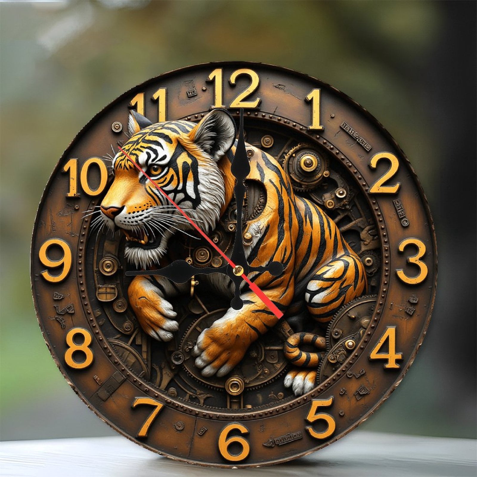 Tiger Wall Clock Steampunk Style Home Decor 10-Inch Silent Wooden Wall ...