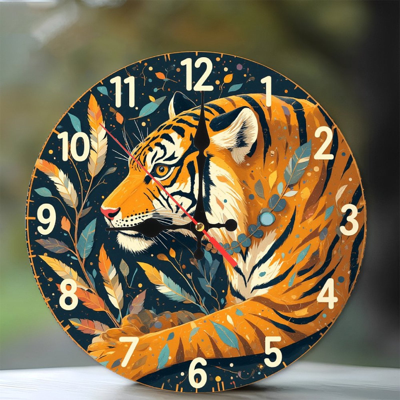 Tiger Wall Clock with Colorful Floral Design 10-Inch Silent Wooden Wall ...