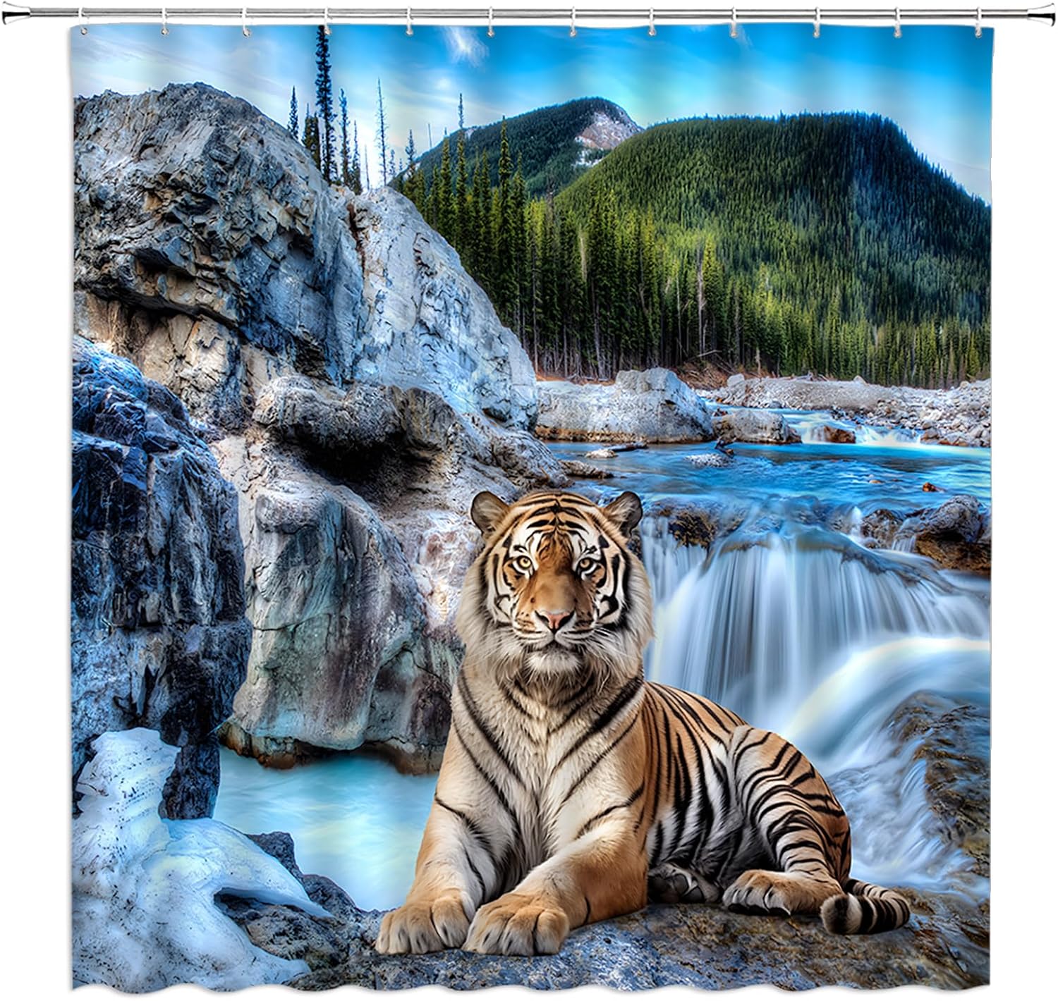 Tiger Waterfall Shower Curtain Mountain Wildlife Forest Lake Tree ...