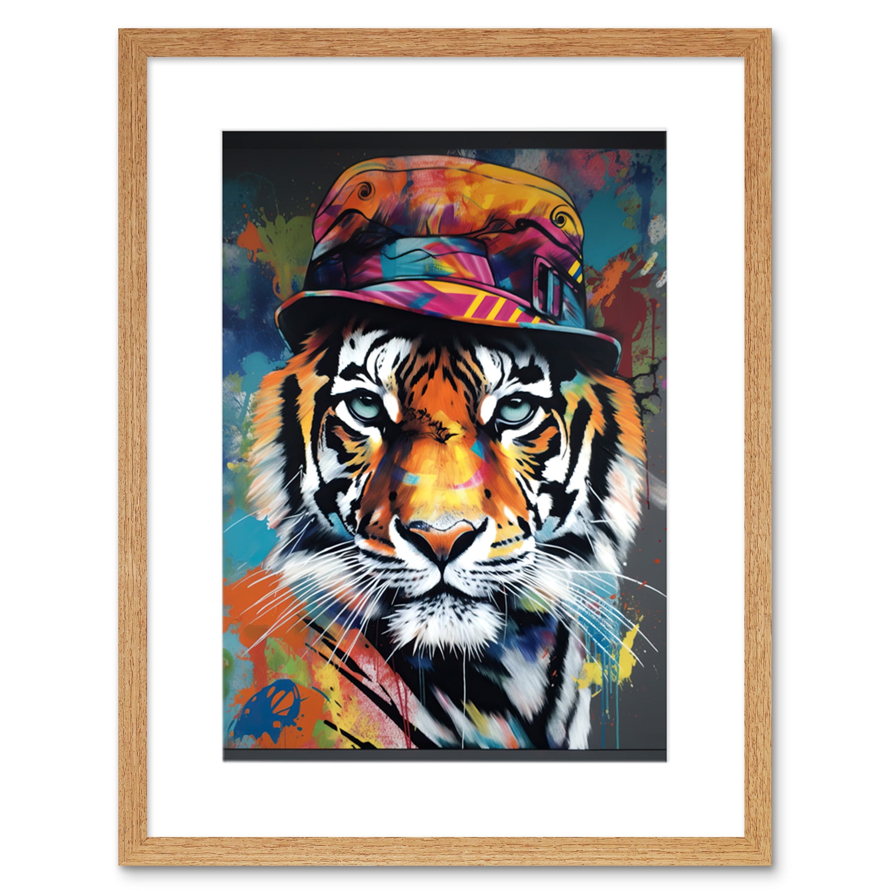 Tiger Wearing a Bucket Hat Vibrant Multicoloured Artwork Framed Wall ...