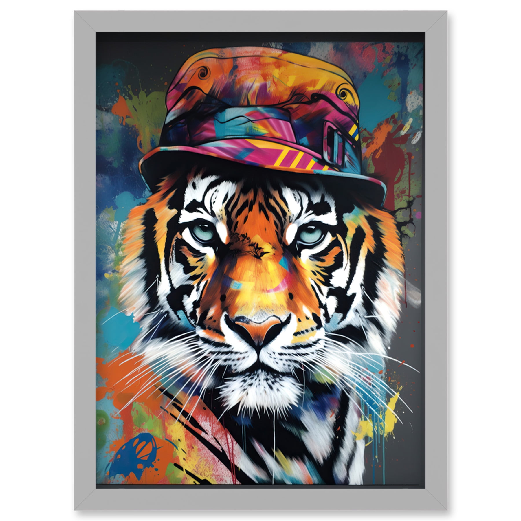 Tiger Wearing a Bucket Hat Vibrant Multicoloured Artwork Framed Wall ...