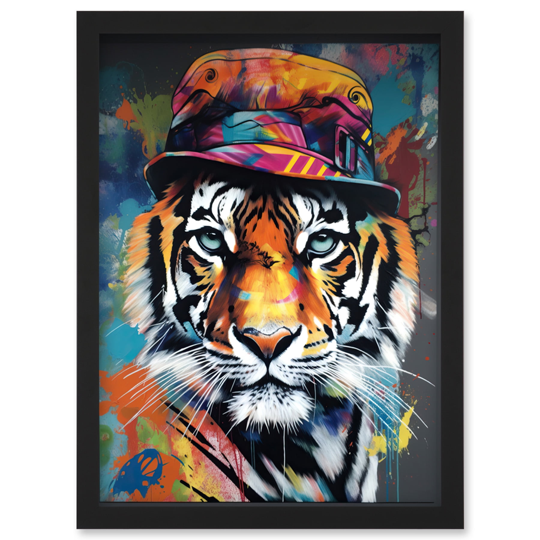 Tiger Wearing a Bucket Hat Vibrant Multicoloured Artwork Framed Wall ...