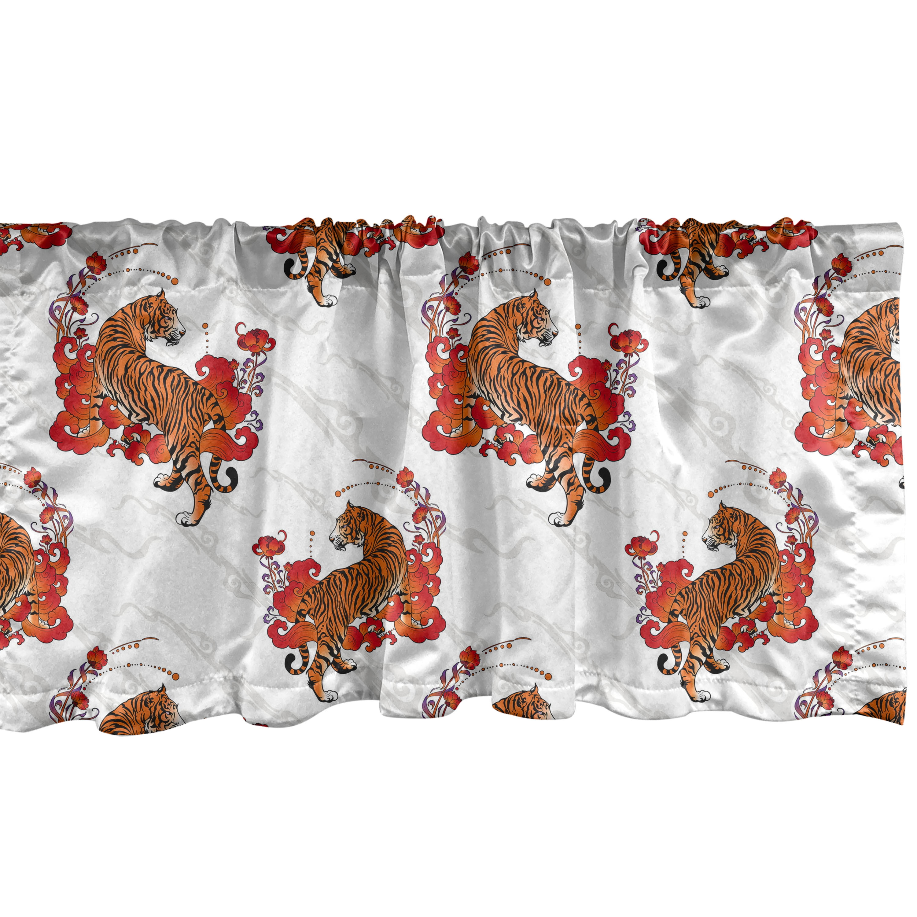 Tiger Window Valance, Asian Style Animal with Swirly Pattern Wild Life Ethnic Art on Plain Back ...