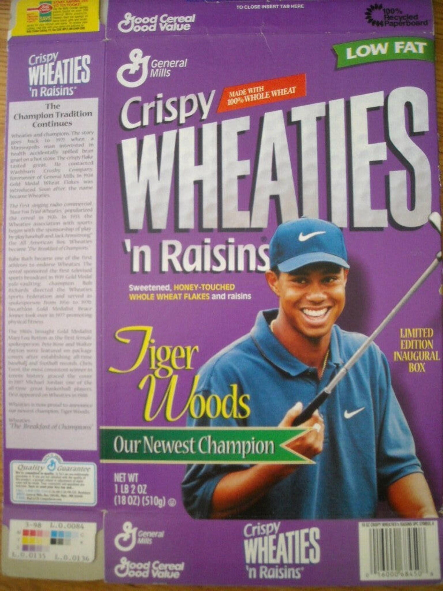Tiger Woods 1997 commemorative Crispy Wheaties 'n Raisins cereal box ...