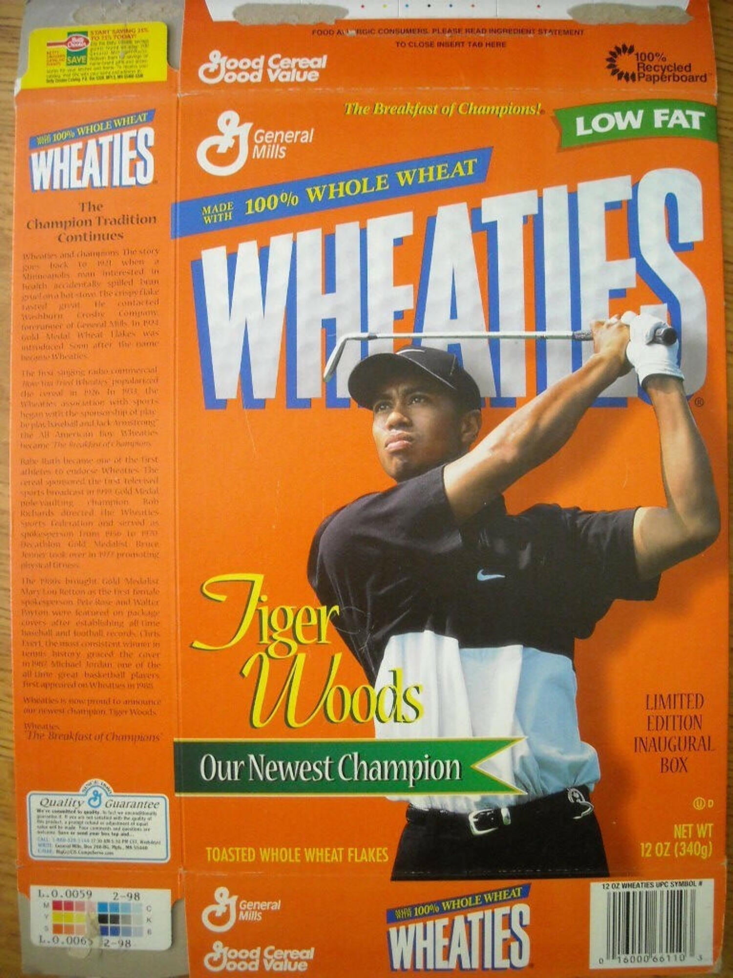 Tiger Woods 1997 commemorative Wheaties cereal box (Our Newest Champion ...