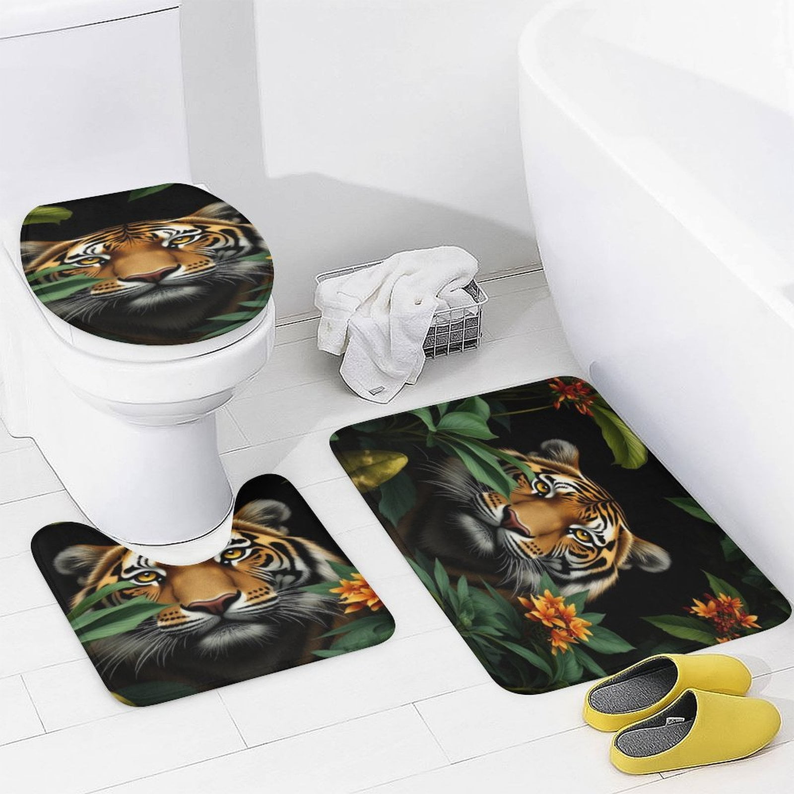 Tiger in Jungle Floral Print Bathroom Rugs Sets 3 Piece Toilet Lid ...