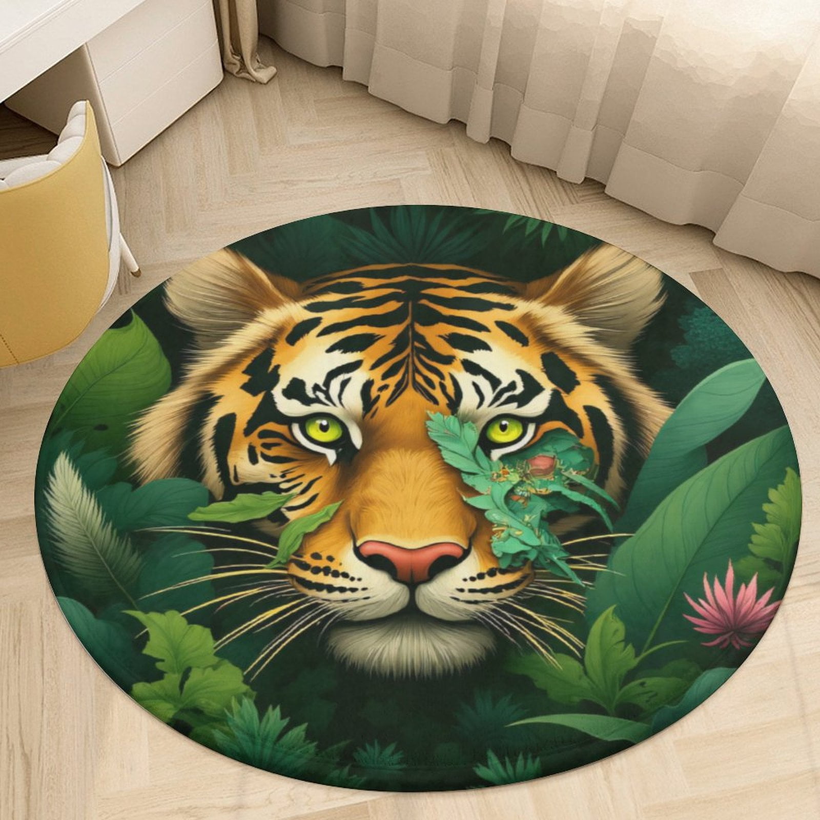 Tiger in Jungle Leaves(1) Round Area Rugs for Bedroom Living Room, 5FT ...