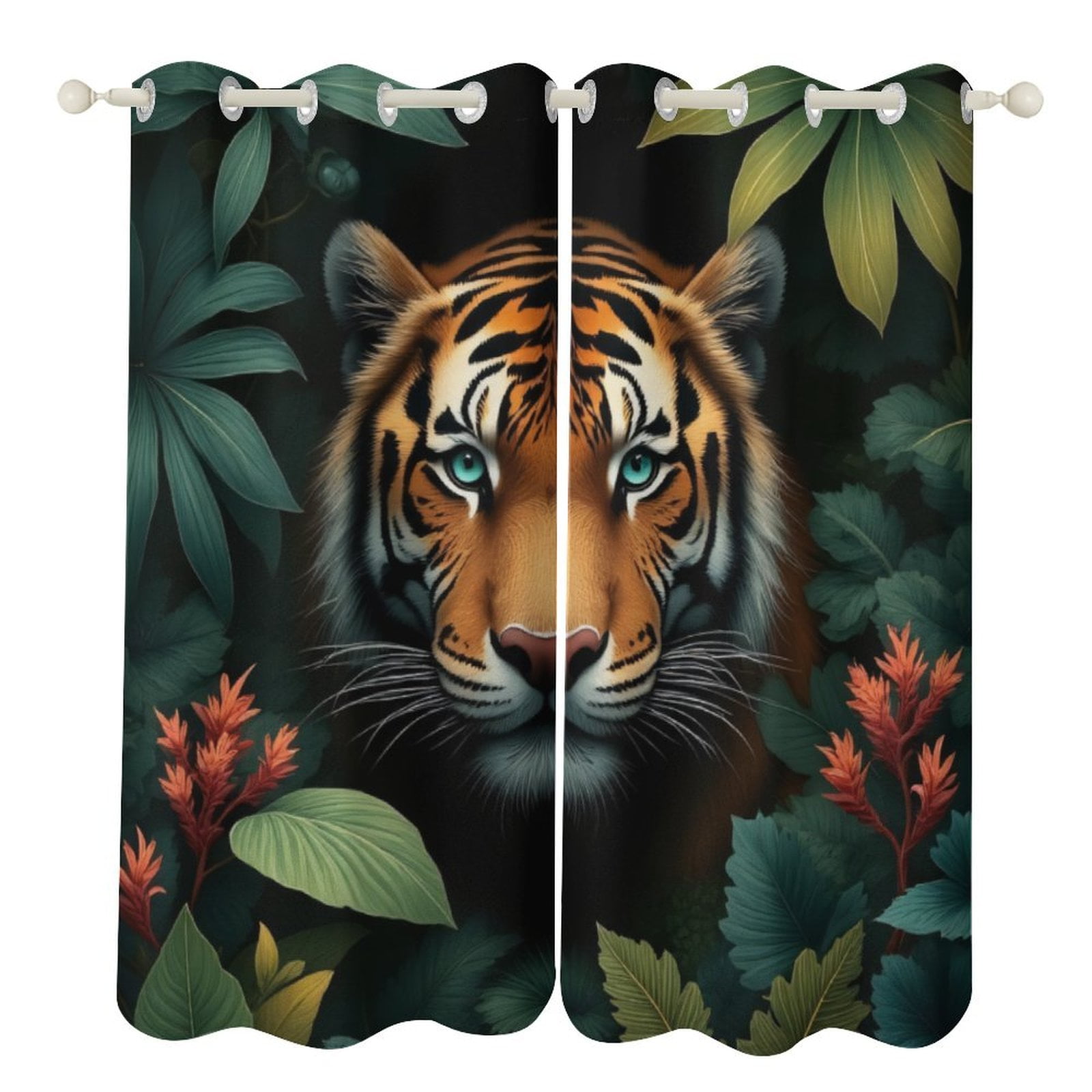 Tiger in Jungle Leaves(3) 2 Panels 3D Printing Pattern Curtain for ...
