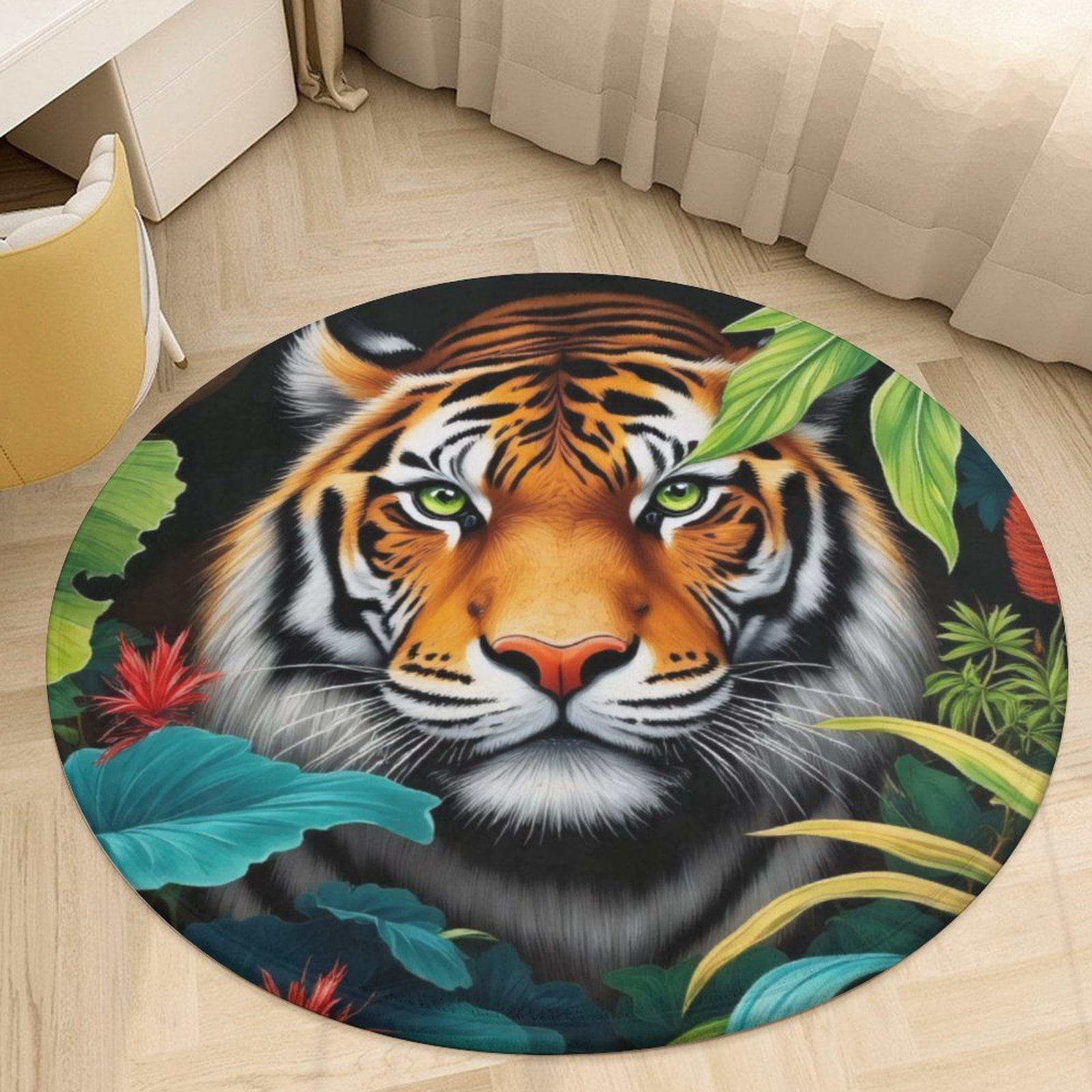 Tiger in Jungle Leaves(4) Round Area Rugs for Bedroom Living Room, 5FT ...