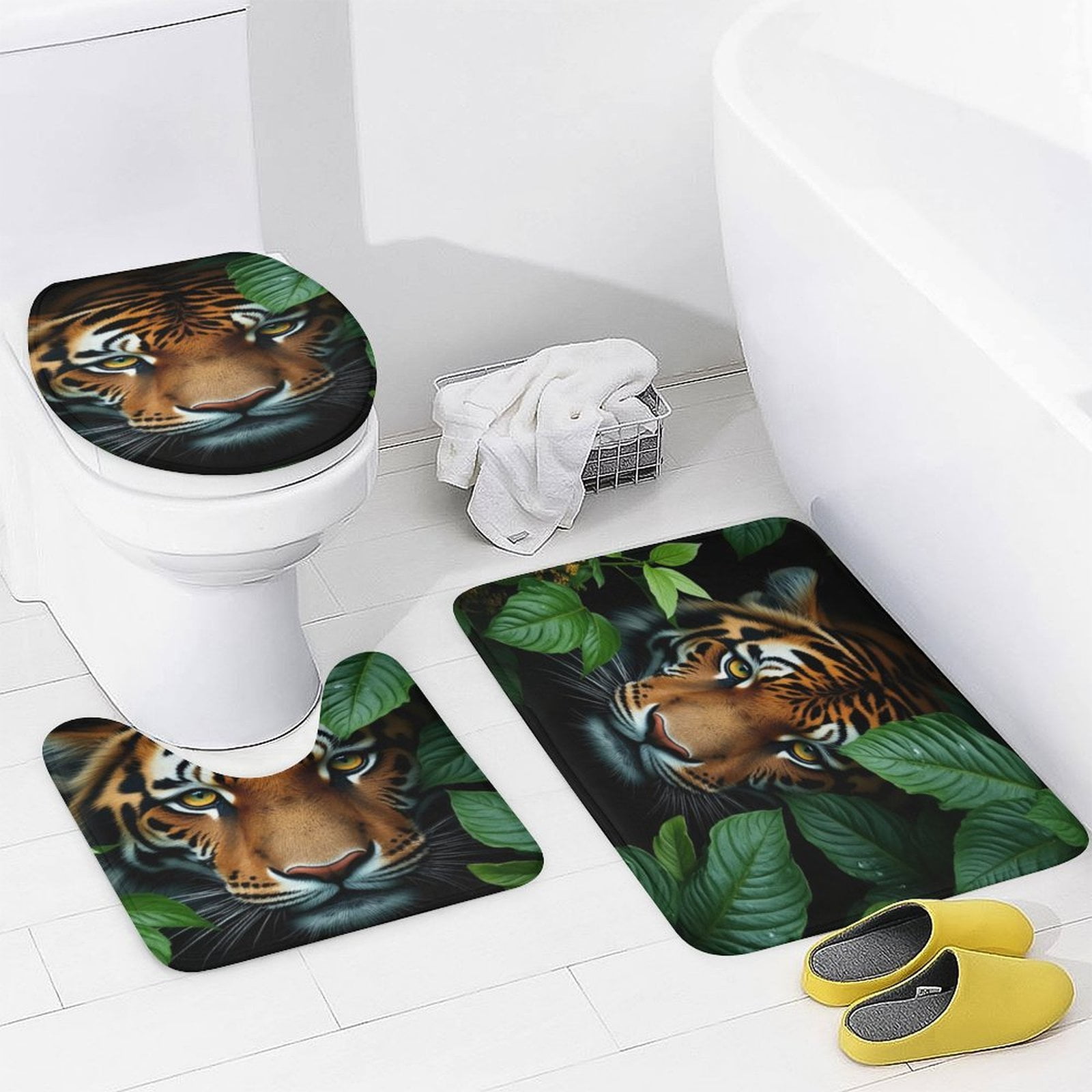 Tiger in Jungle Leaves Bathroom Rugs Sets 3 Piece Toilet Lid Cover and ...
